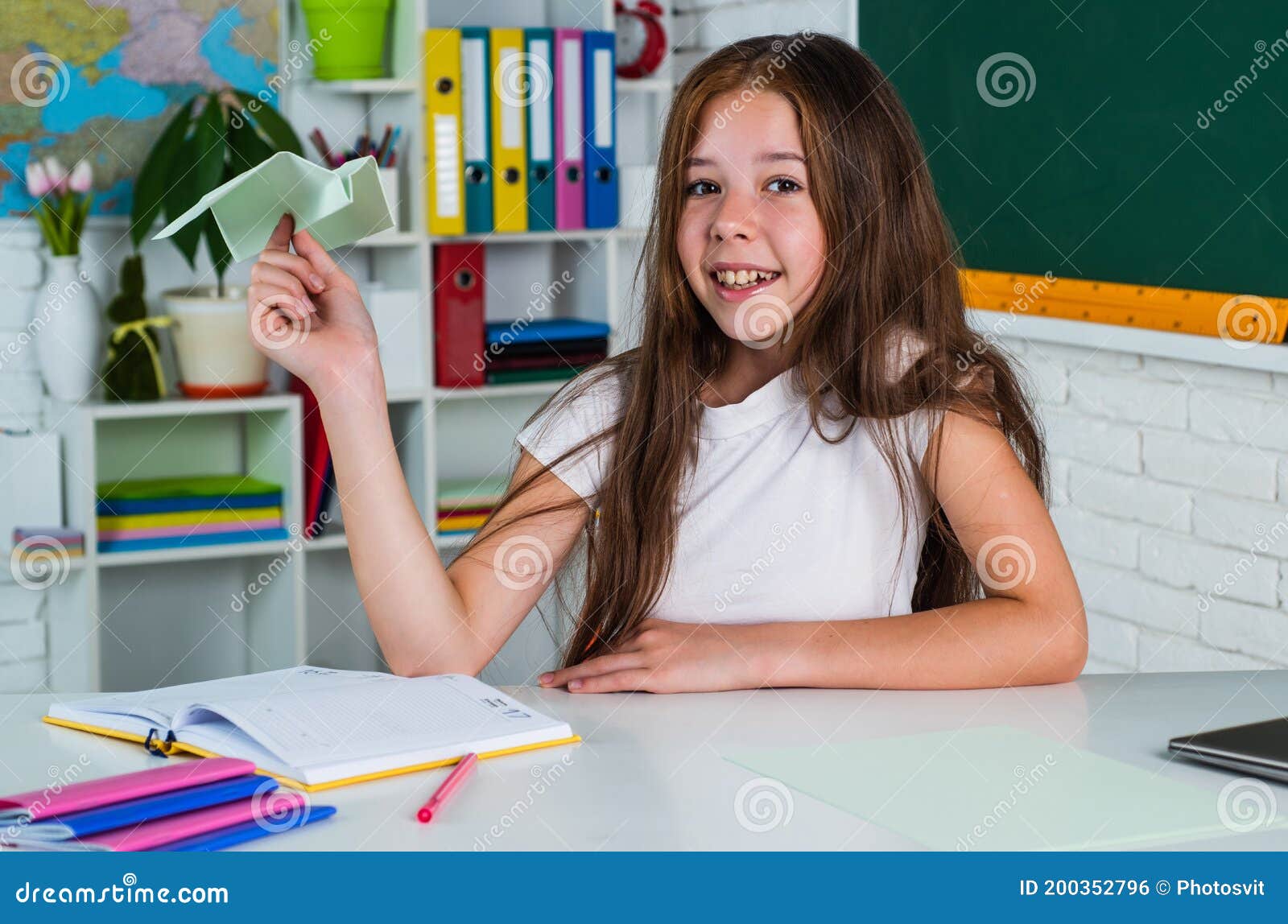 Happy Child in Classroom School with Blackboard, Education Stock Photo ...