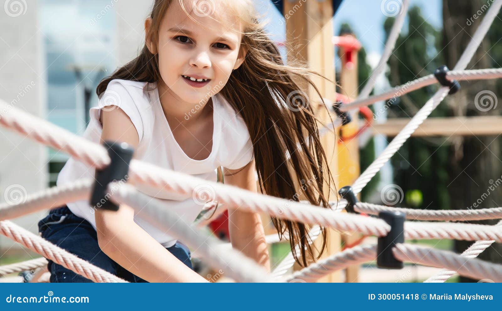 Happy Child Climbing the Net in the Playground Stock Photo - Image of ...