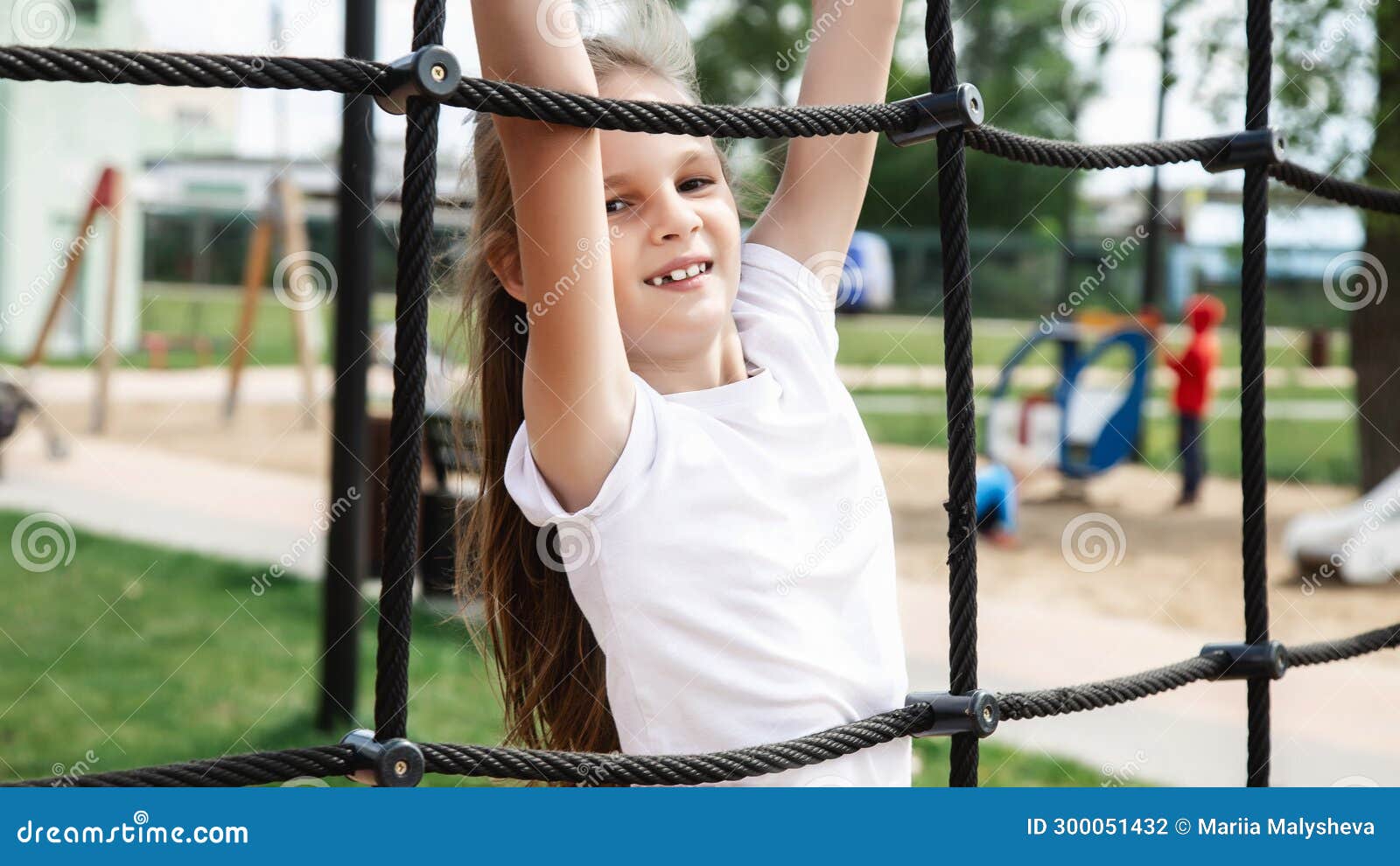 Happy Child Climbing the Net in the Playground Stock Photo - Image of ...