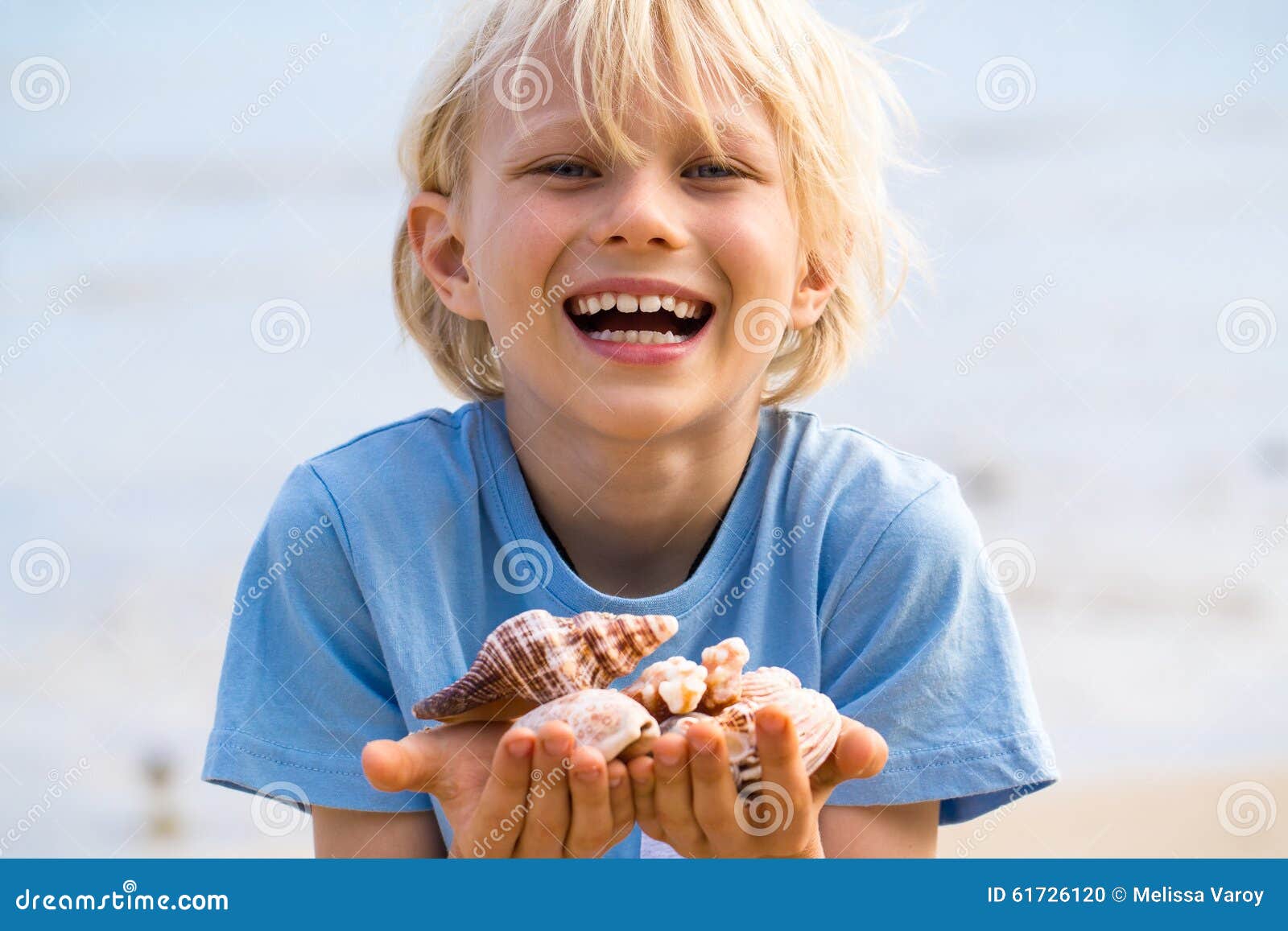 Happy Child with Collection of Shells at Beach Stock Photo - Image of ...