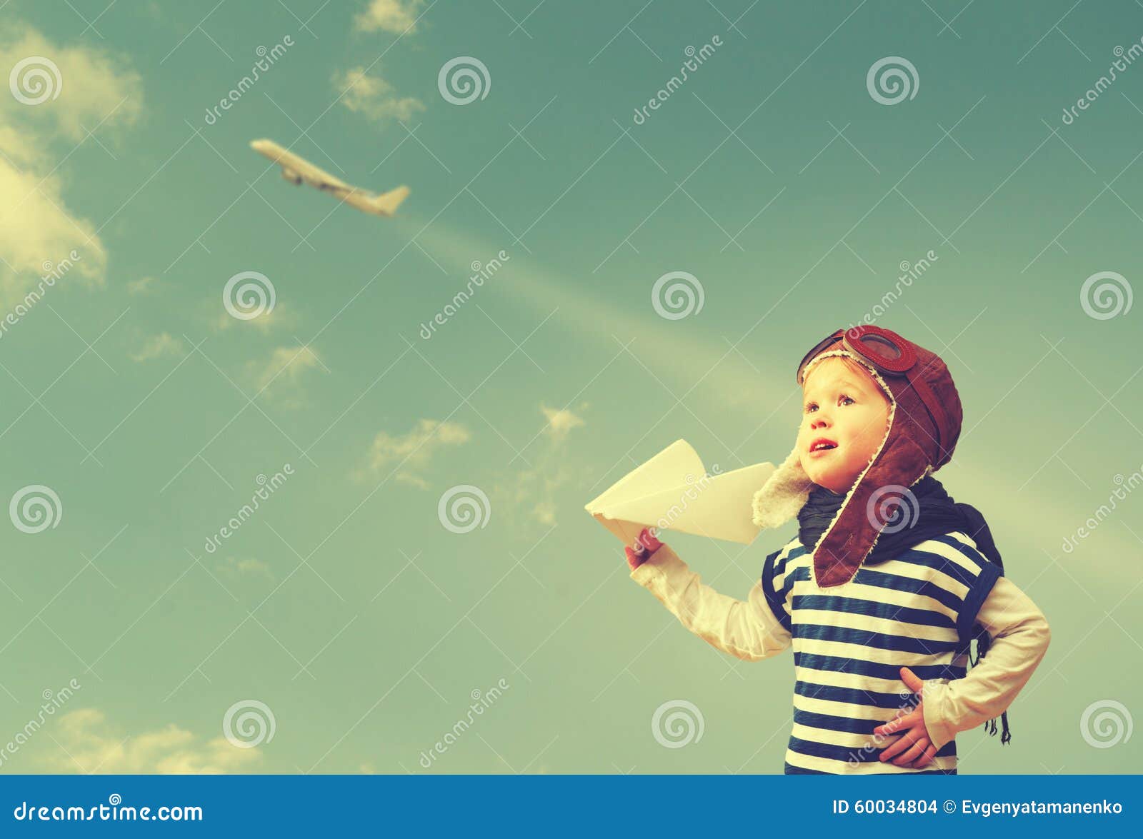 Happy Child Dreams of Becoming Pilot Aviator and Plays with Plan Stock ...