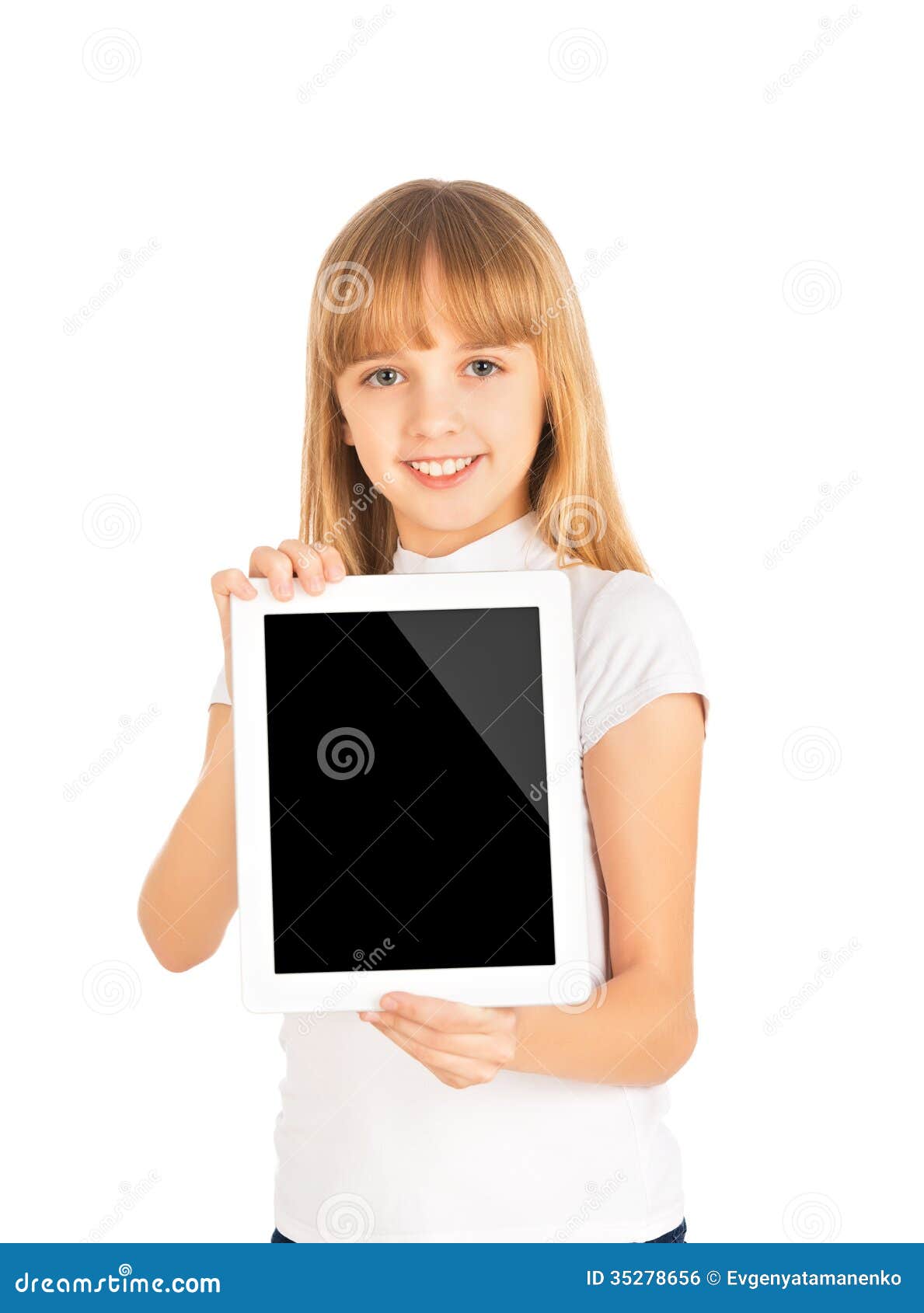 Happy Child Girl with Blank Tablet Computer Stock Photo - Image of ...