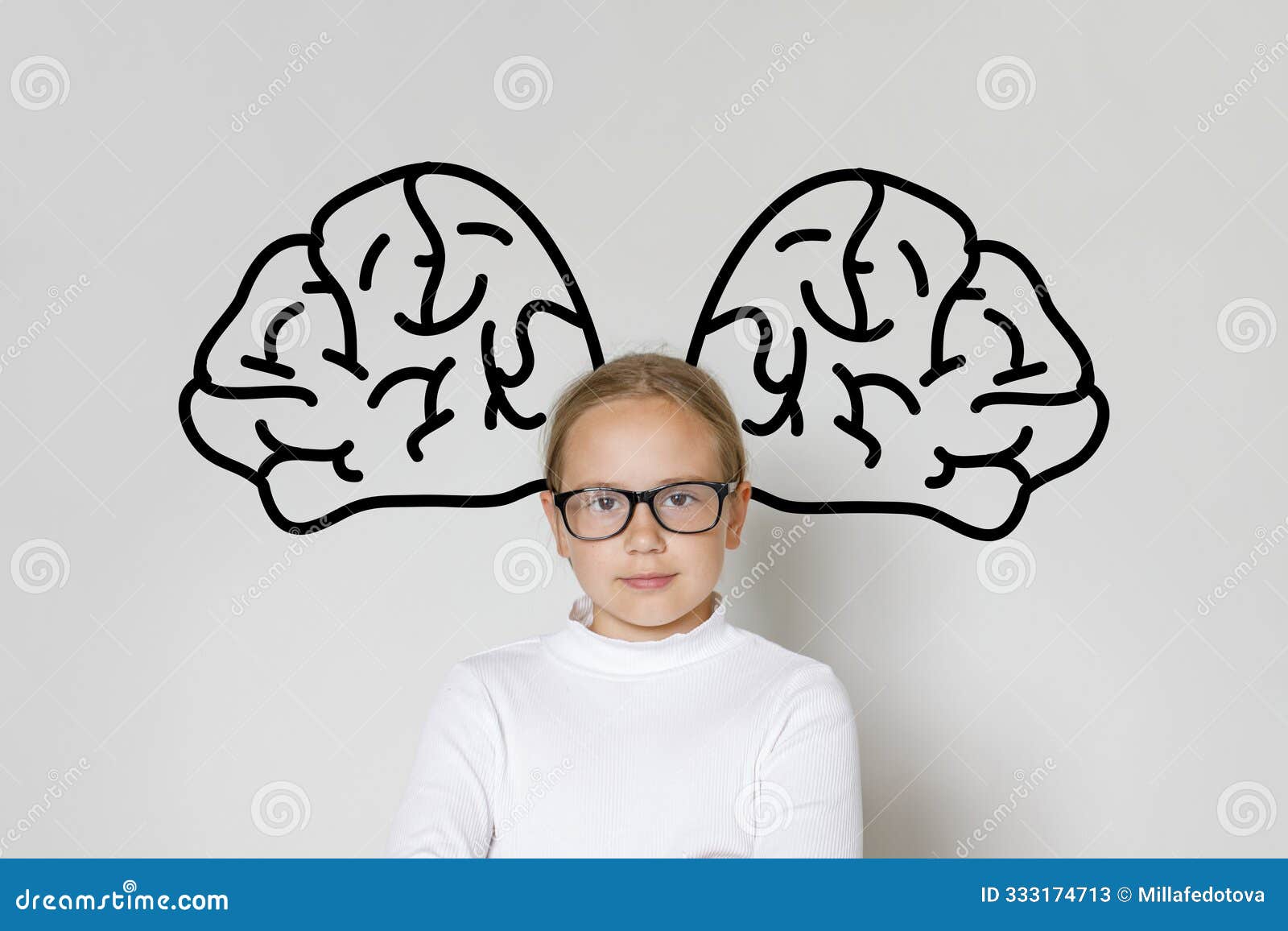 Happy Child Girl with Brain on White Background Stock Image - Image of ...