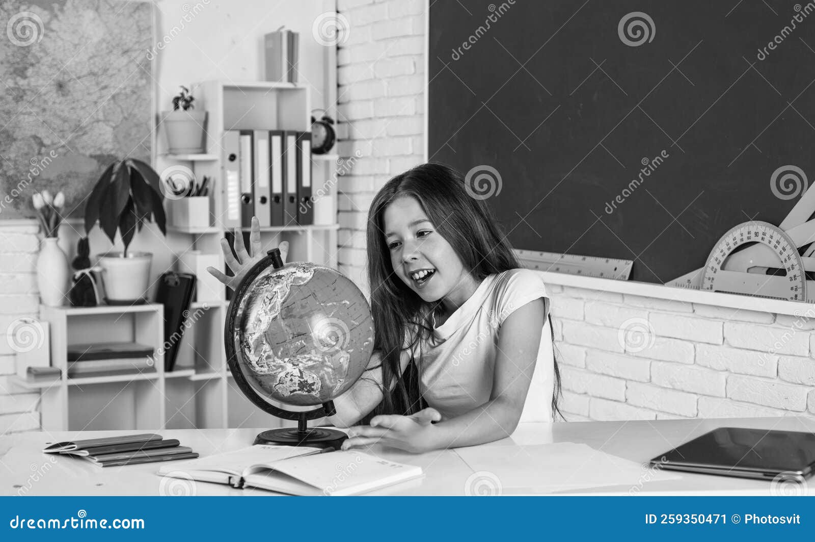 Happy Child Girl Study Geography with Globe at School, Learning Stock ...