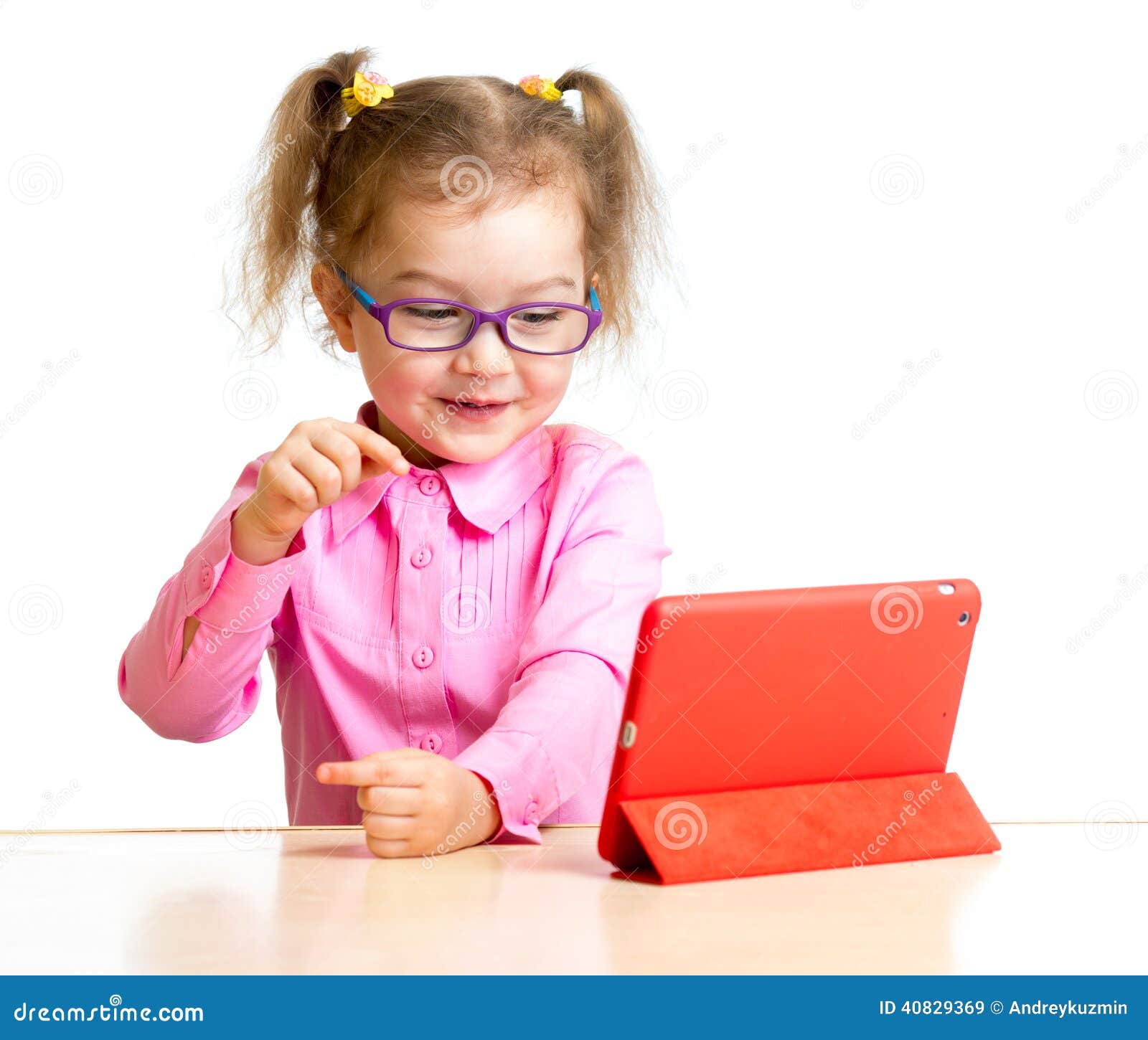 Happy Child in Glasses Looking at Ipad Mini Tablet Pc Screen Stock ...