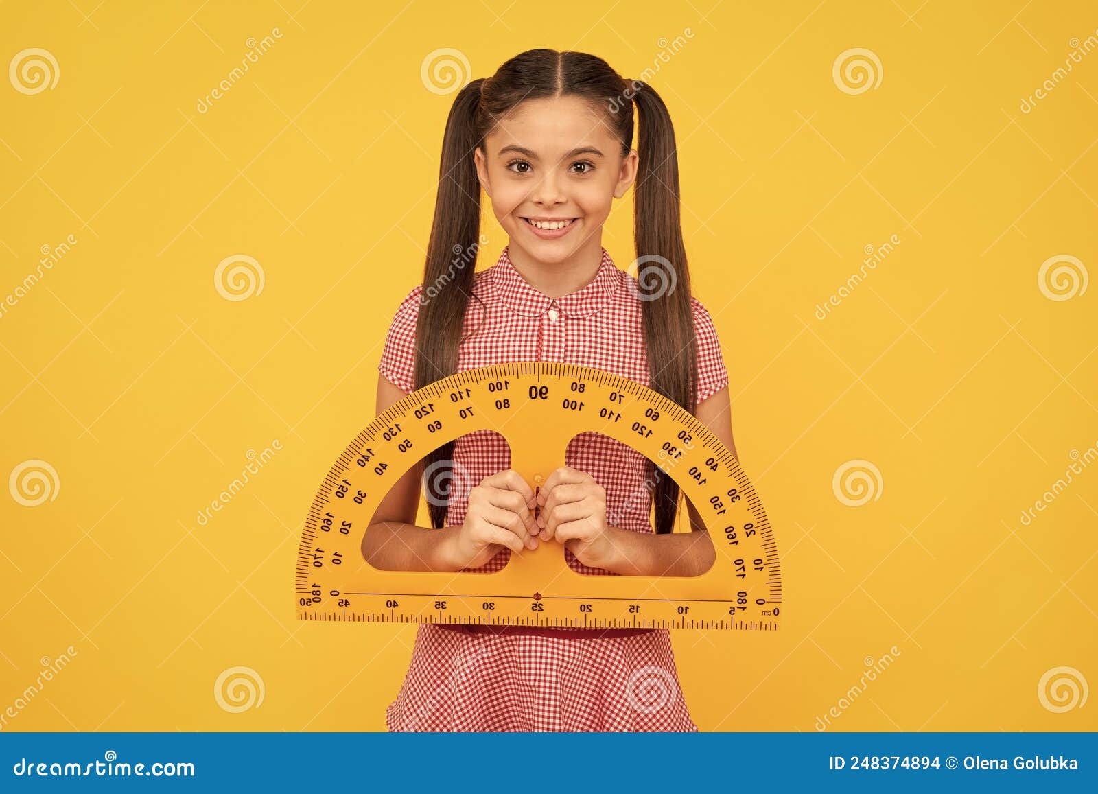 Happy Child Hold School Math Tool Protractor Ruler on Yellow Background ...