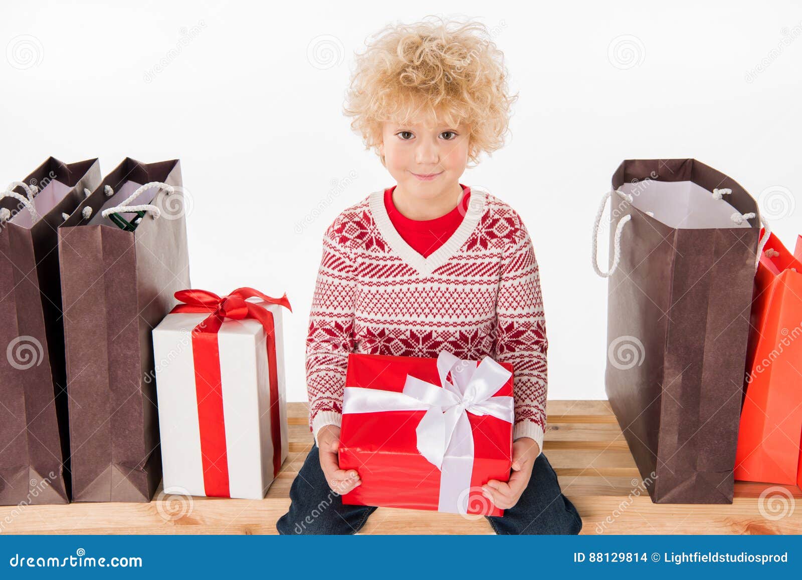 Happy Child Holding Gift Box Stock Photo - Image of festive, white ...