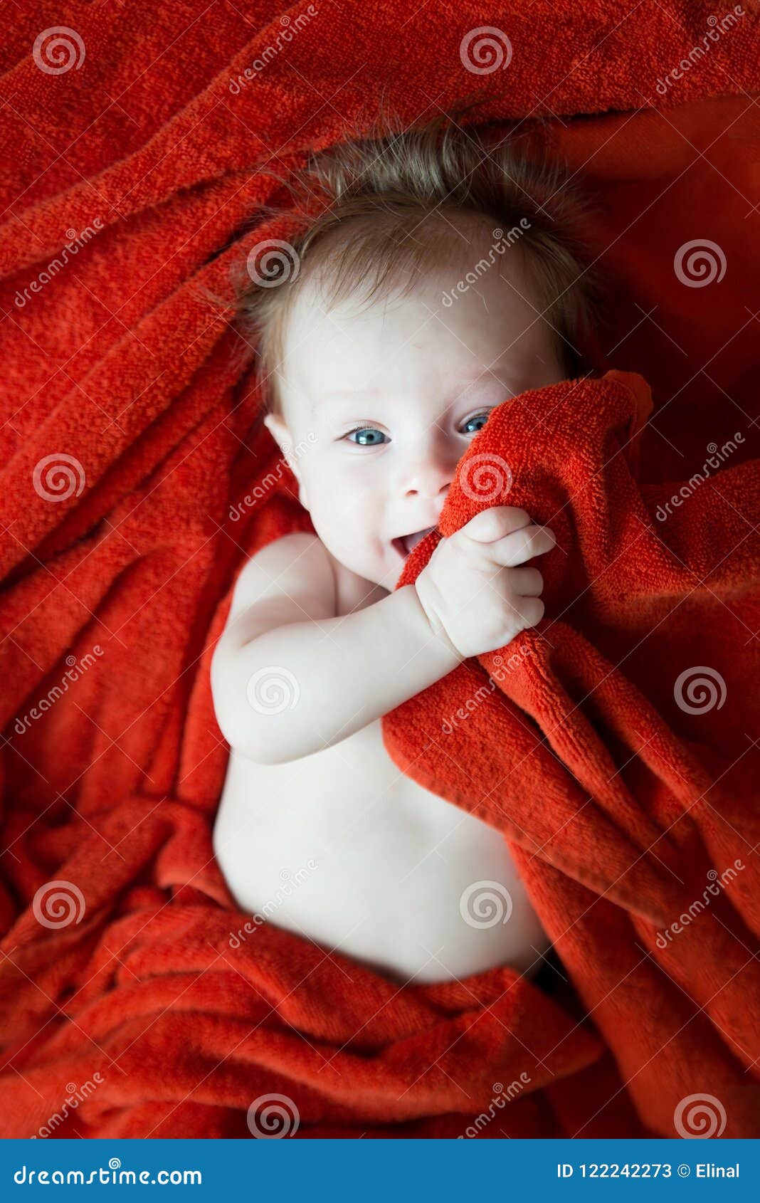 Happy Child at Home after Bath in Red Towel Stock Image - Image of ...