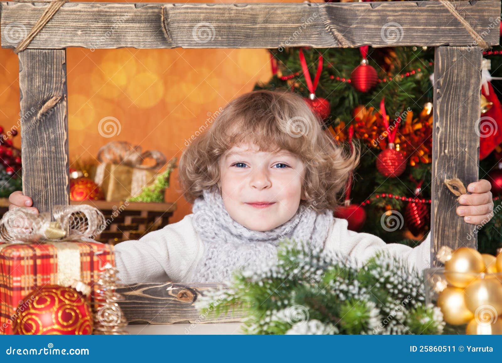 Happy Child Looking into Wooden Frame Stock Image - Image of gold ...