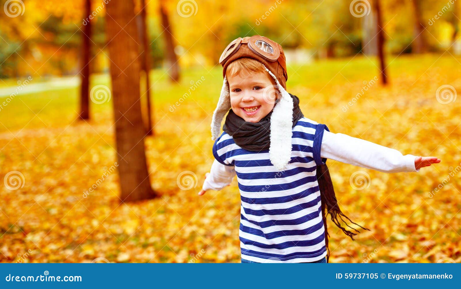 Happy Child Playing Pilot Aviator Outdoors in Autumn Stock Image ...