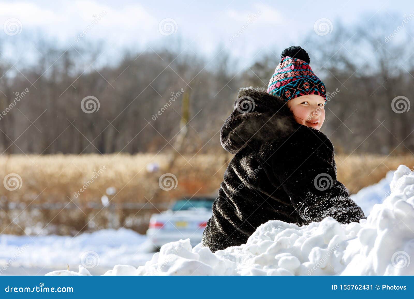 Happy Child Playing in Snow on Cold Winter Day Stock Image - Image of ...