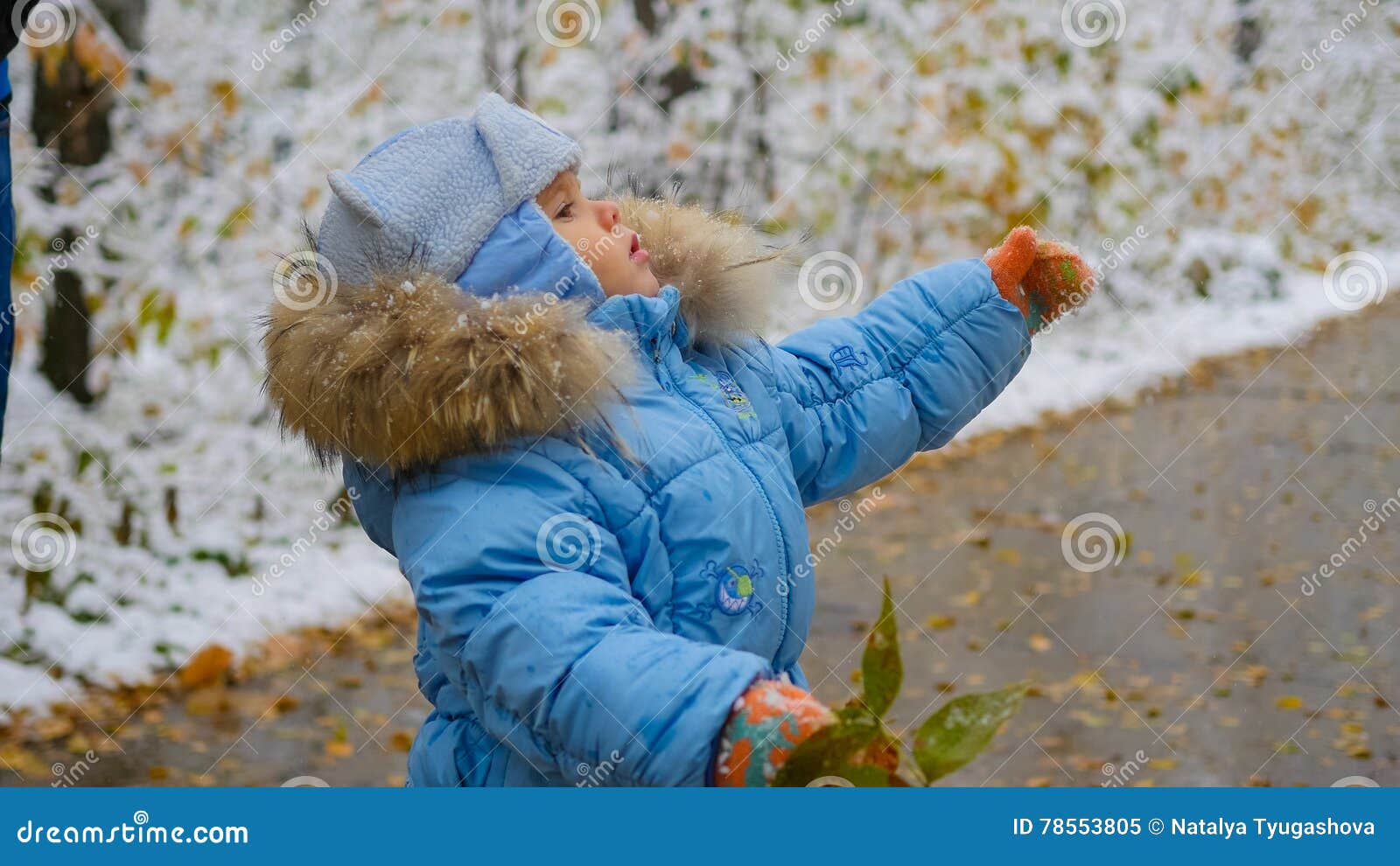 Happy Child Plays in a Park with Snowy Tree Stock Image - Image of park ...