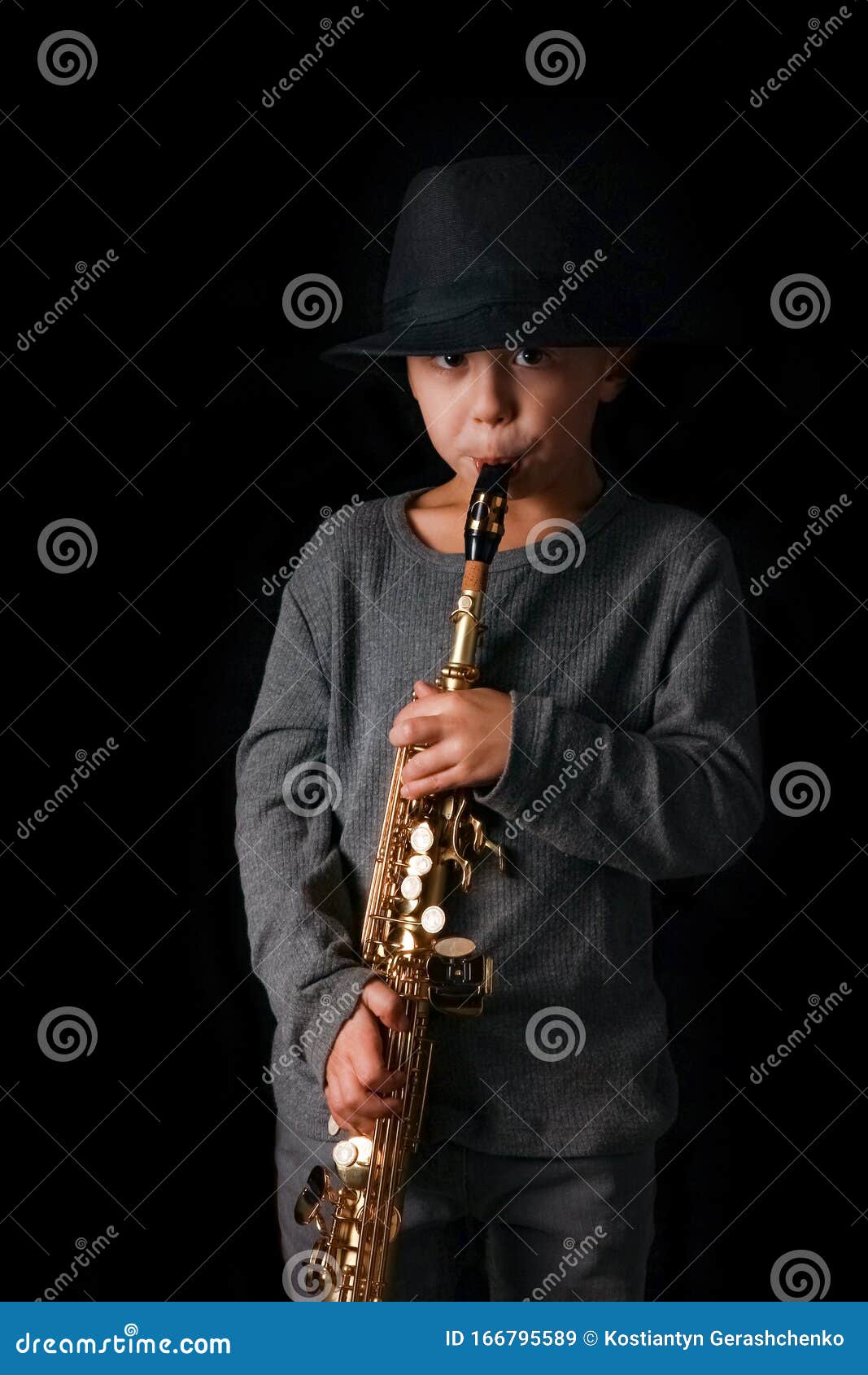 Happy Child Plays Saxophone in Studio Stock Image - Image of jazz ...