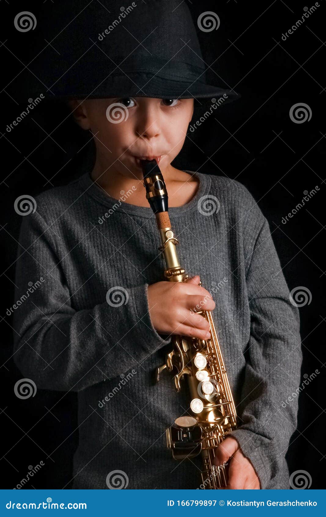 Happy Child Plays Saxophone in Studio Stock Image - Image of play ...
