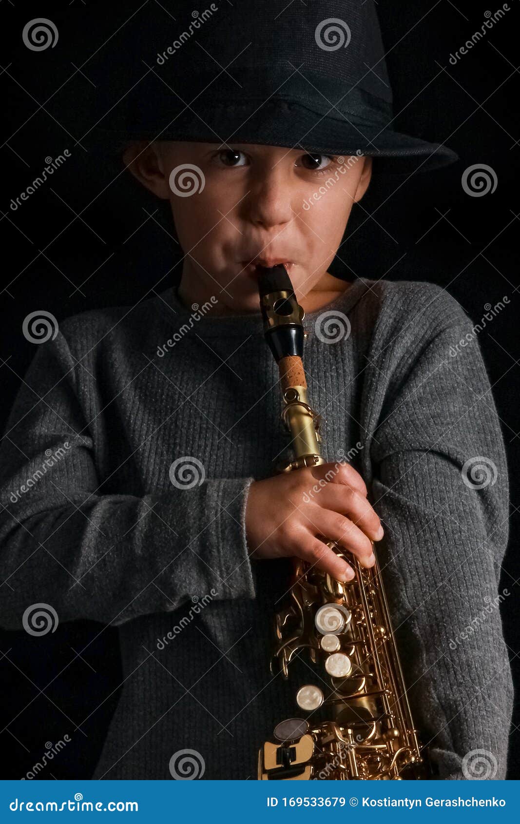 Happy Child Plays Saxophone in Studio Stock Image - Image of elegant ...