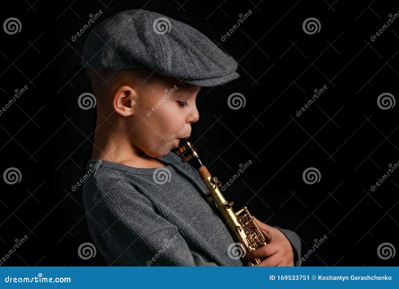 Happy Child Plays Saxophone in Studio Stock Image - Image of elegant ...