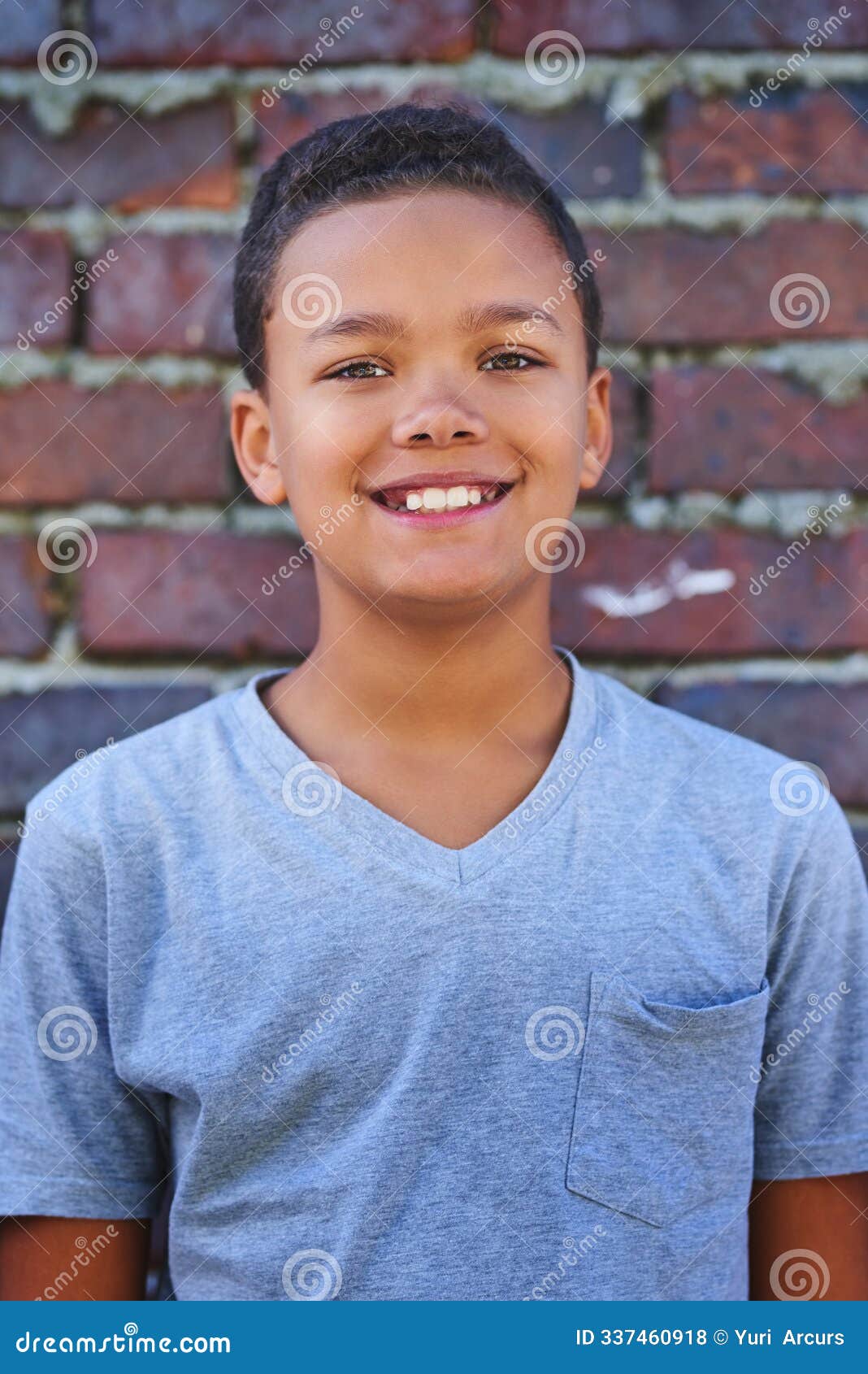 Happy, Child and Portrait by Brick Wall at School for Knowledge ...