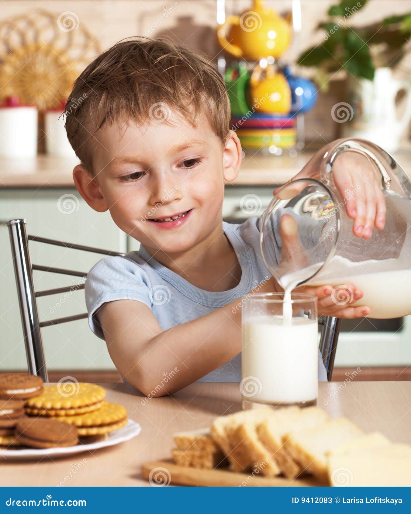 Happy Child Pours Milk from Jug Stock Image - Image of hand, drink: 9412083
