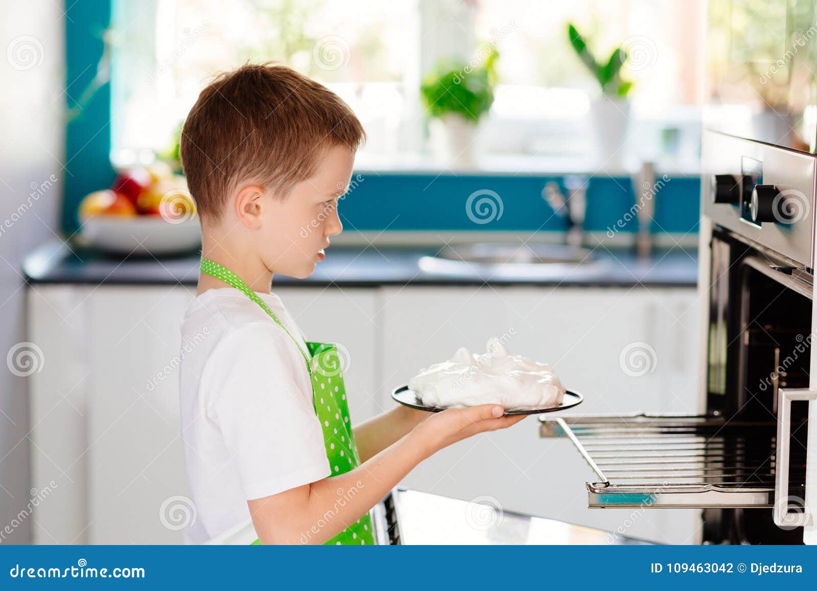 Happy Child Putting Cake To Oven Stock Photo - Image of biscuit ...