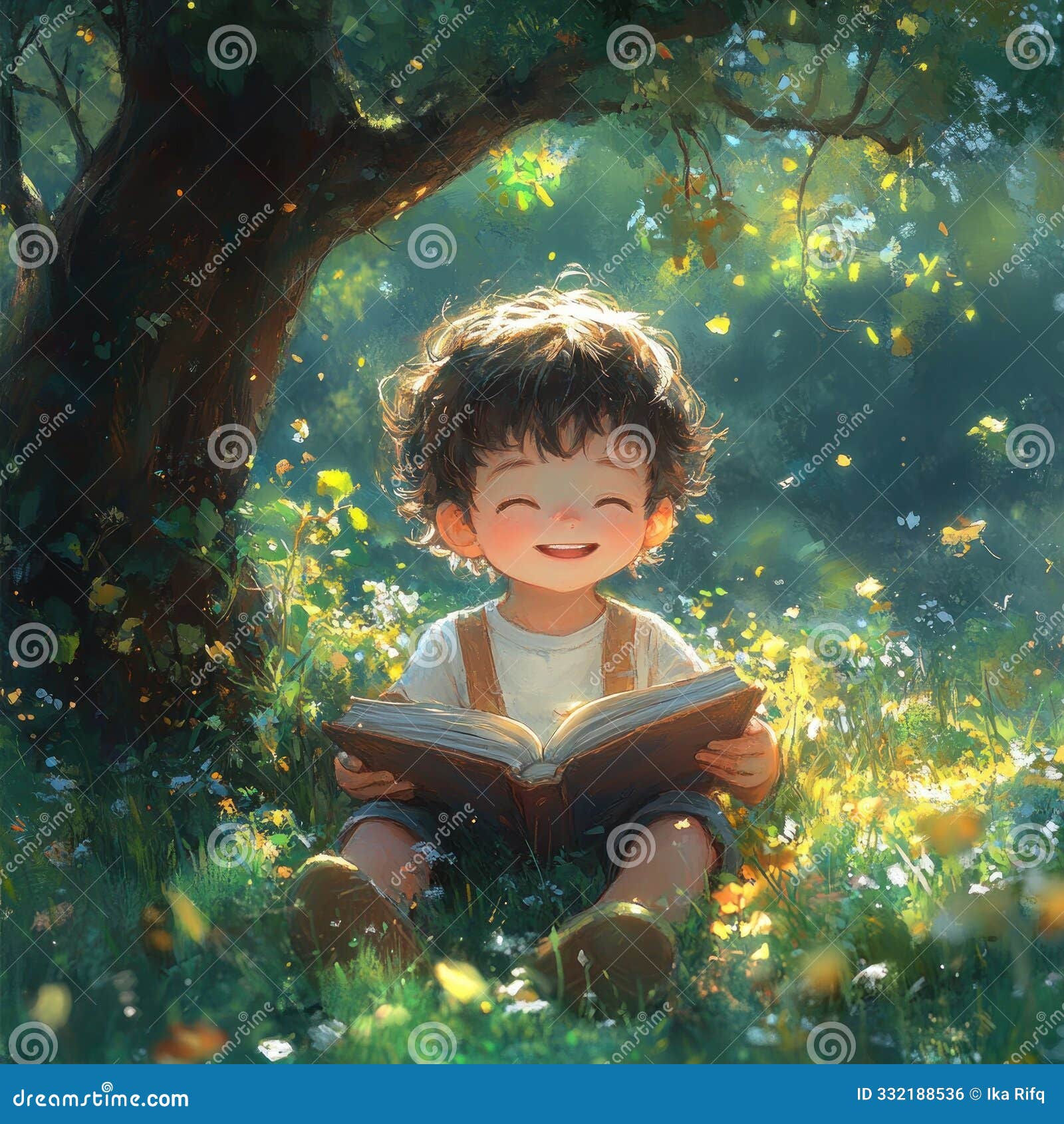 Happy Child Reading Under a Tree Illustration Stock Photo - Image of ...