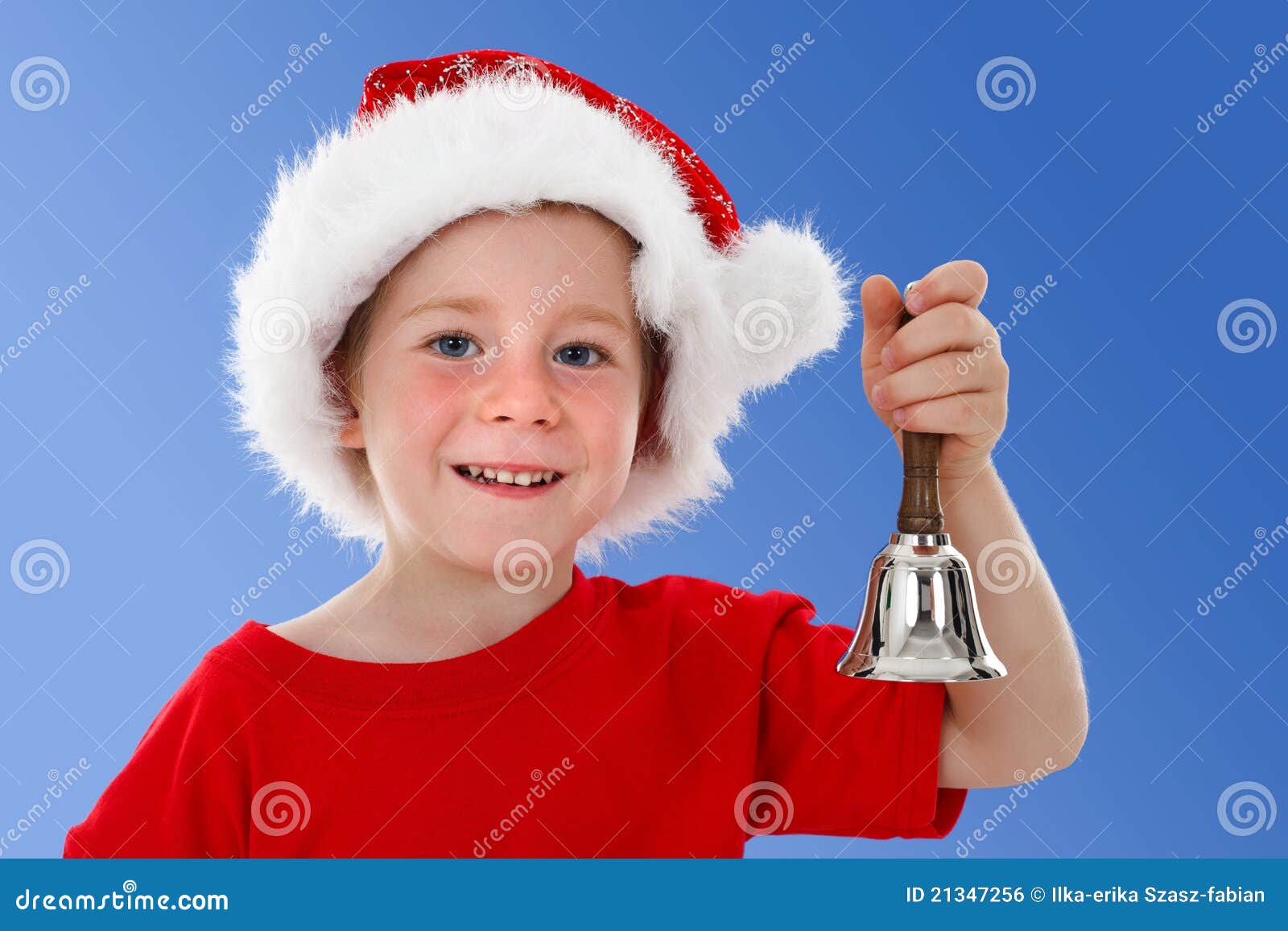 Happy Child Ringing Bell on Blue Stock Photo - Image of hold, child ...
