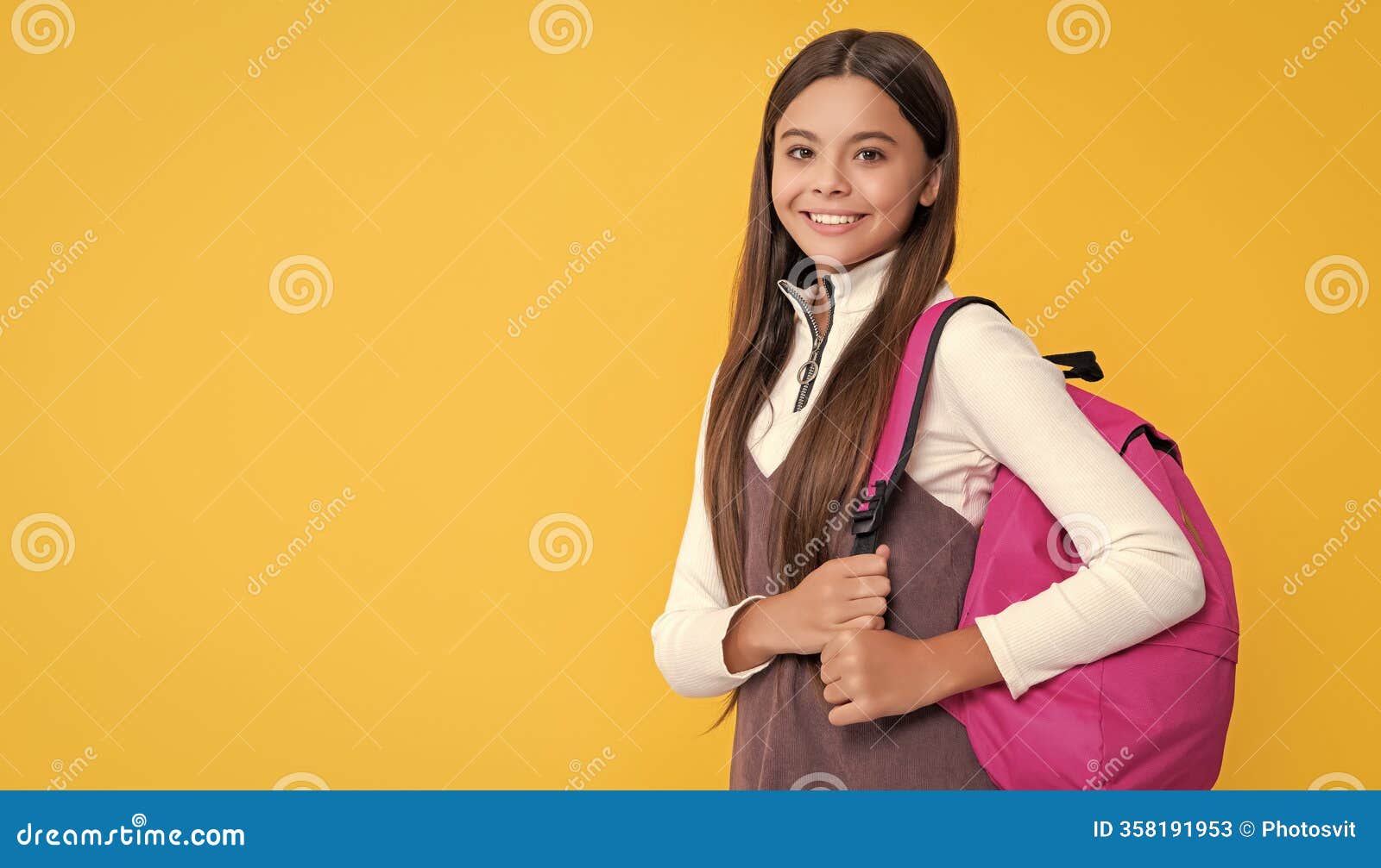 Happy Child with School Backpack on Yellow Background Stock Image ...