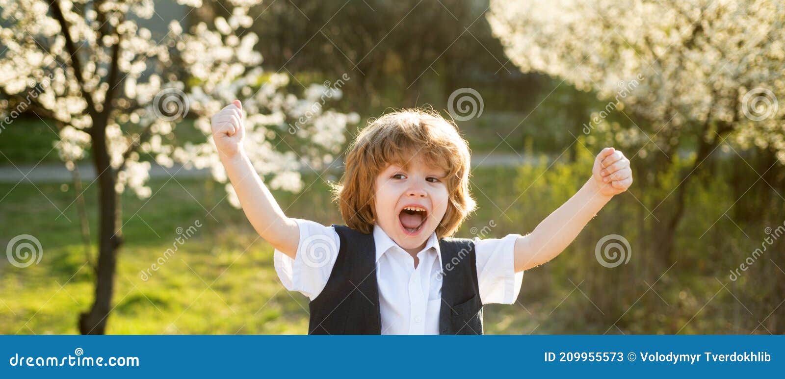 Happy Child at School Backyard. Blooming Garden. Spring Boy at Park ...