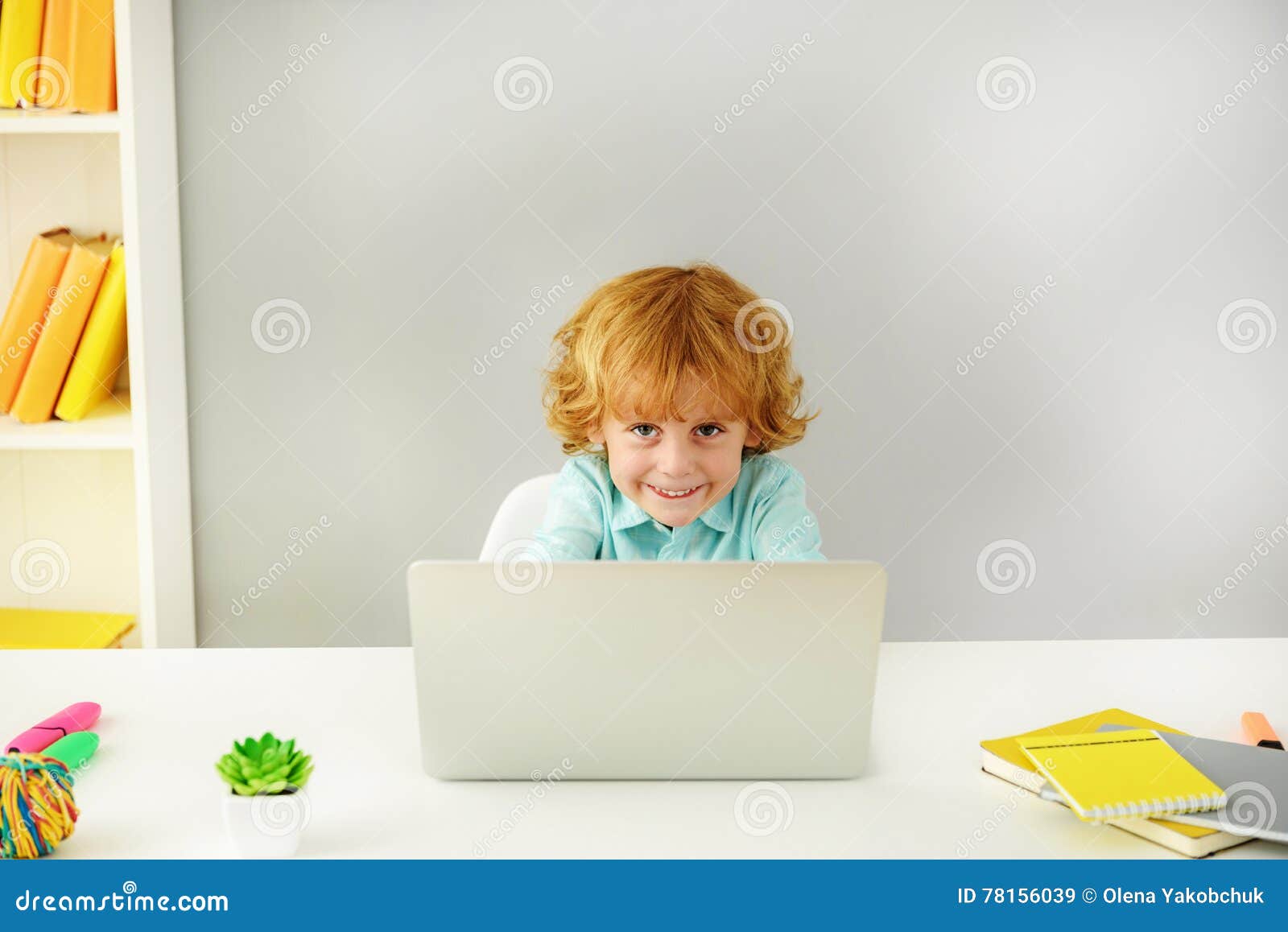 Happy Child Sitting with Computer Stock Image - Image of expressive ...