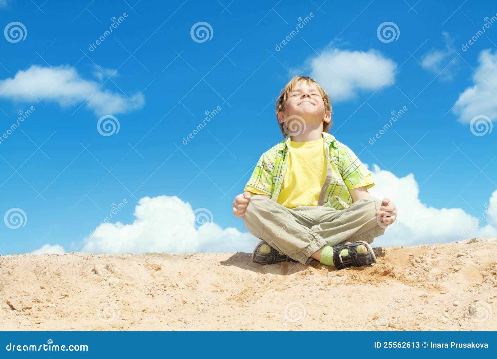Happy Child Positive Think, Boy Sitting in Yoga Lotus Position Over ...