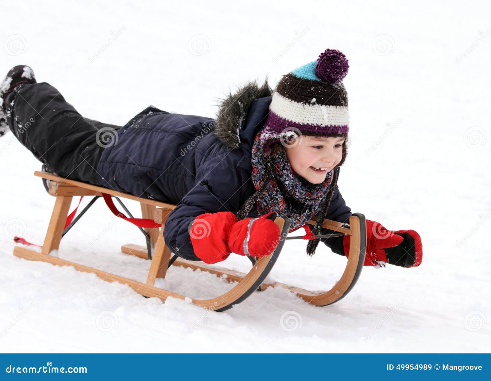 Happy Child on Sledge in Winter Stock Image - Image of winter, girl ...