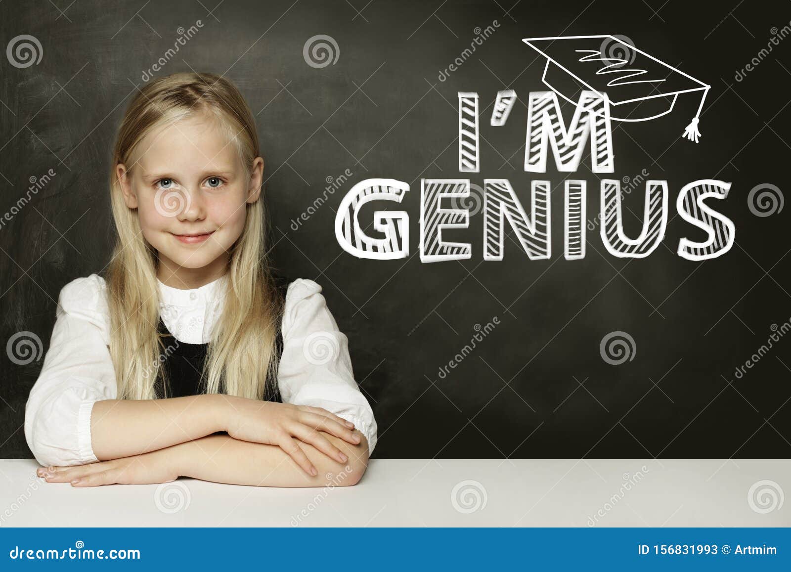 Happy Child Student Girl on Blackboard Background with Science Stock ...