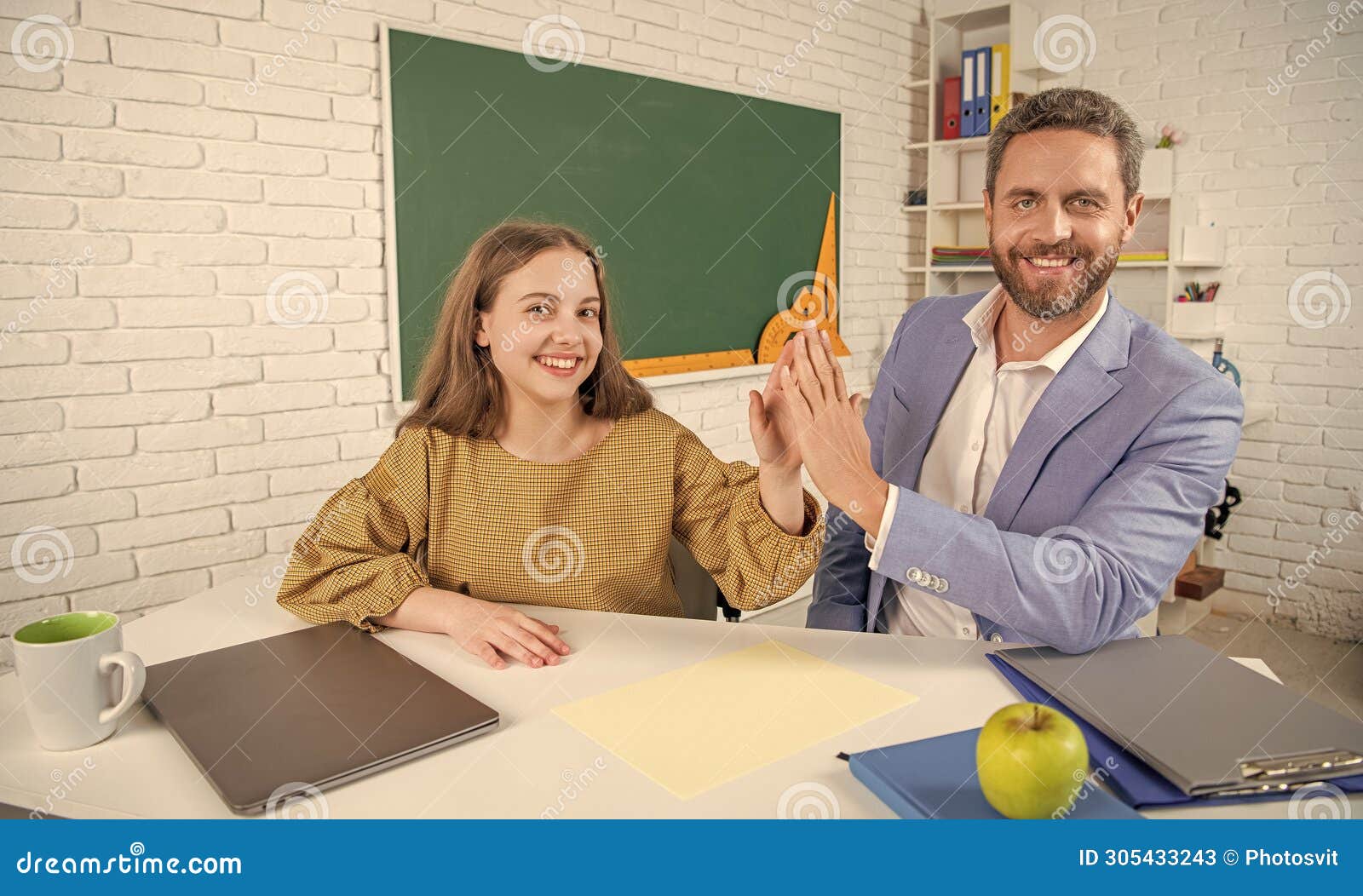 Happy Child Study in Classroom with Tutor. Take Five Stock Image ...
