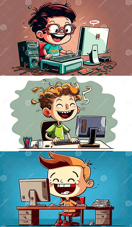 Happy Child Using Computer in 3 Cartoon Banner Set for Kid Coding ...