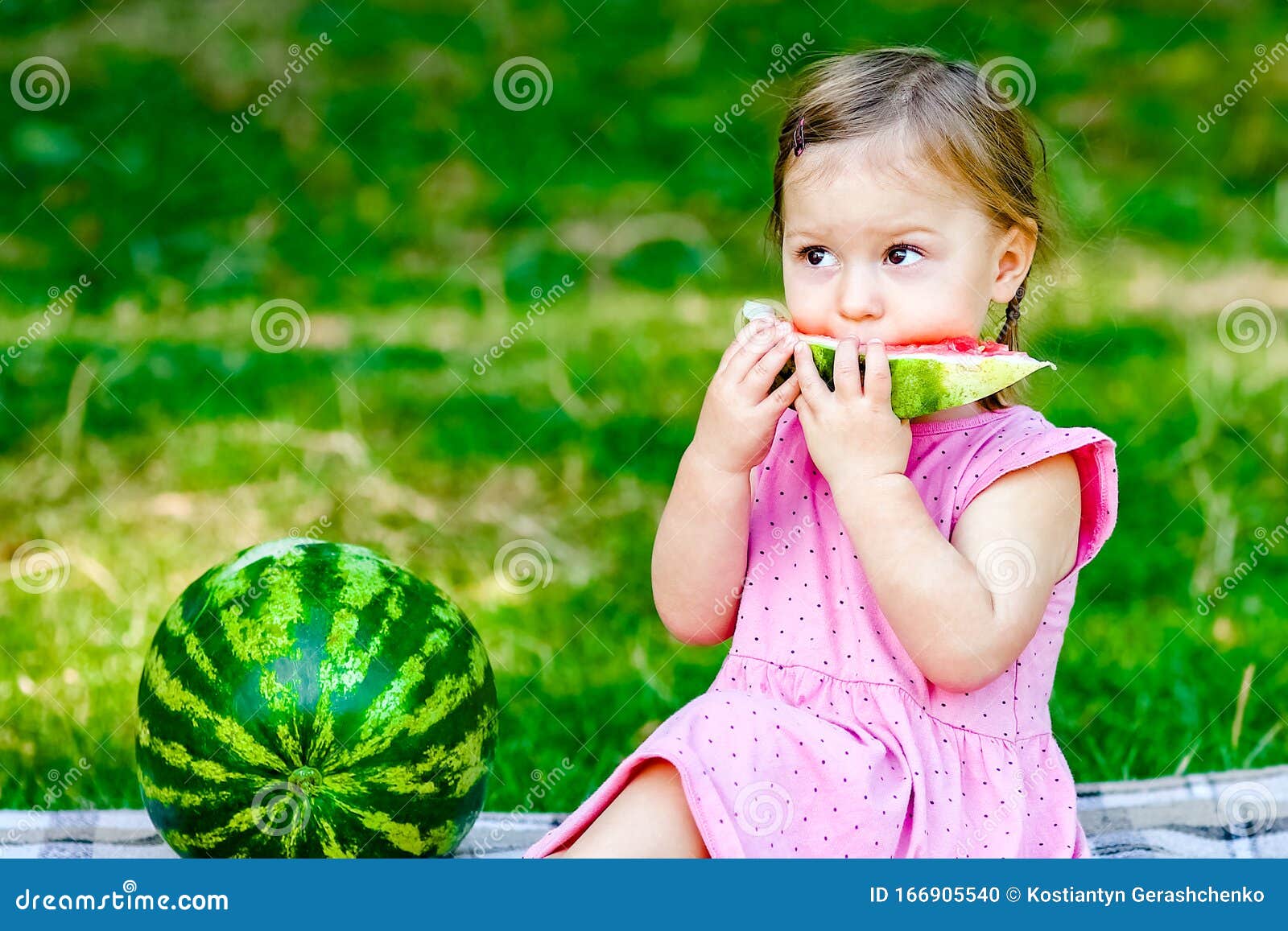 Happy Child with Watermelon on Nature in the Park Stock Photo - Image ...