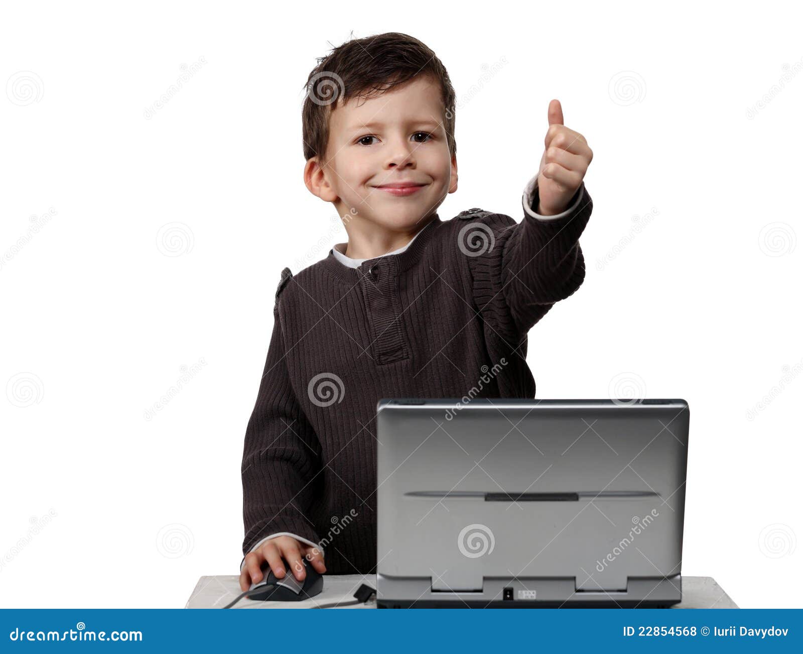Happy Child Working on Laptop with Thumbs Up Stock Photo - Image of ...