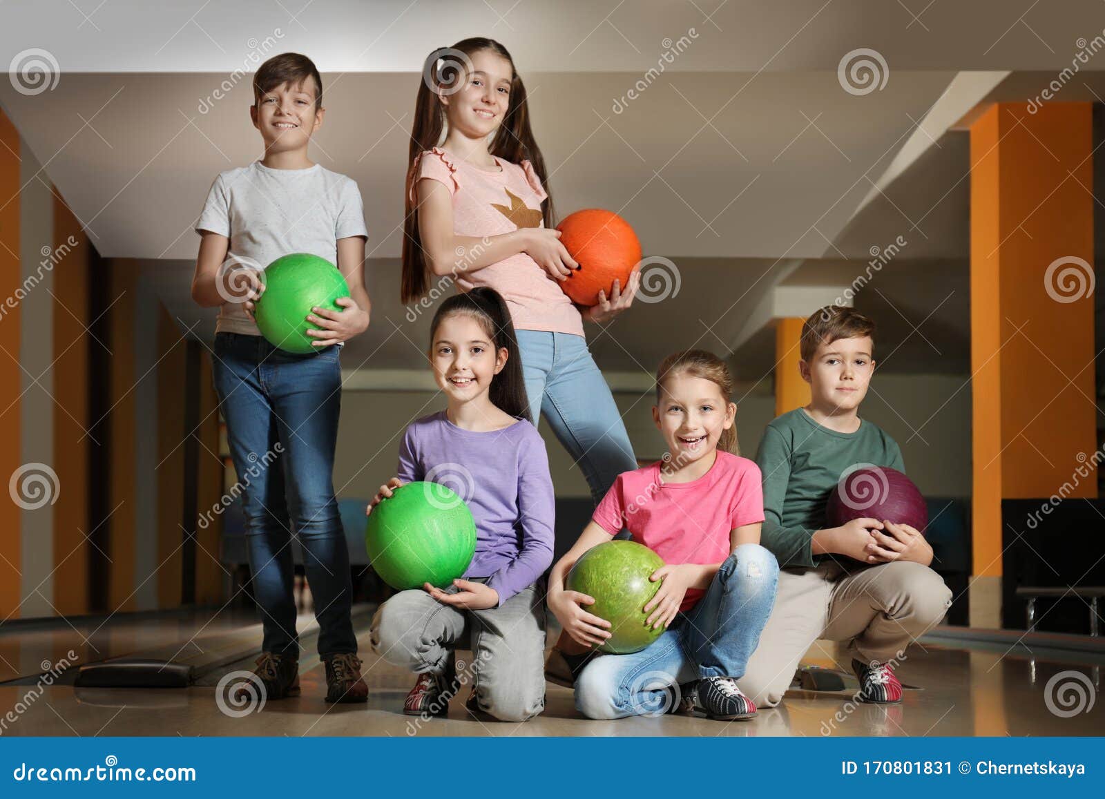 Happy Children with Balls in Bowling Stock Image - Image of lane, alley ...