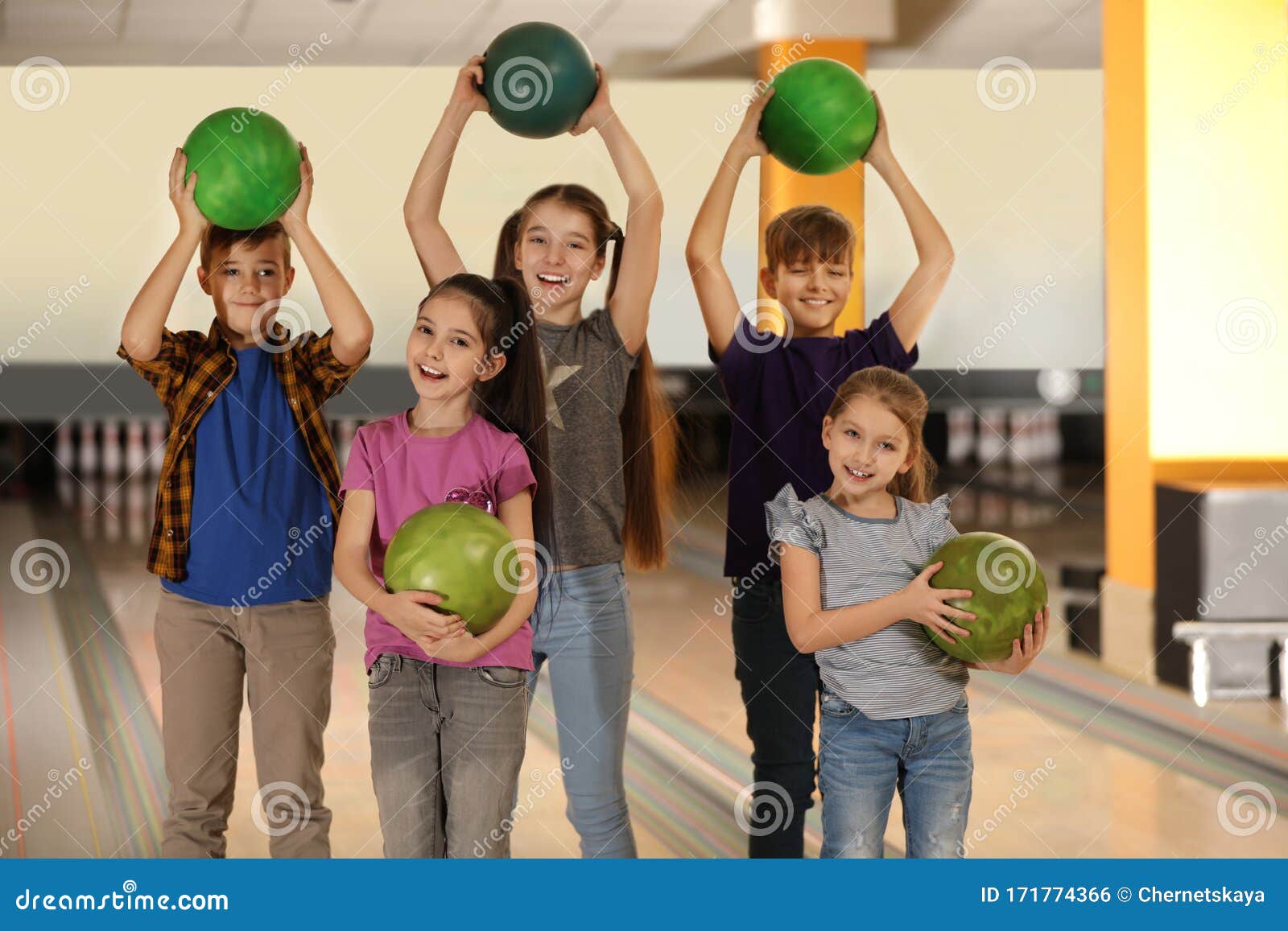 Happy Children with Balls in Bowling Stock Photo - Image of bowl ...