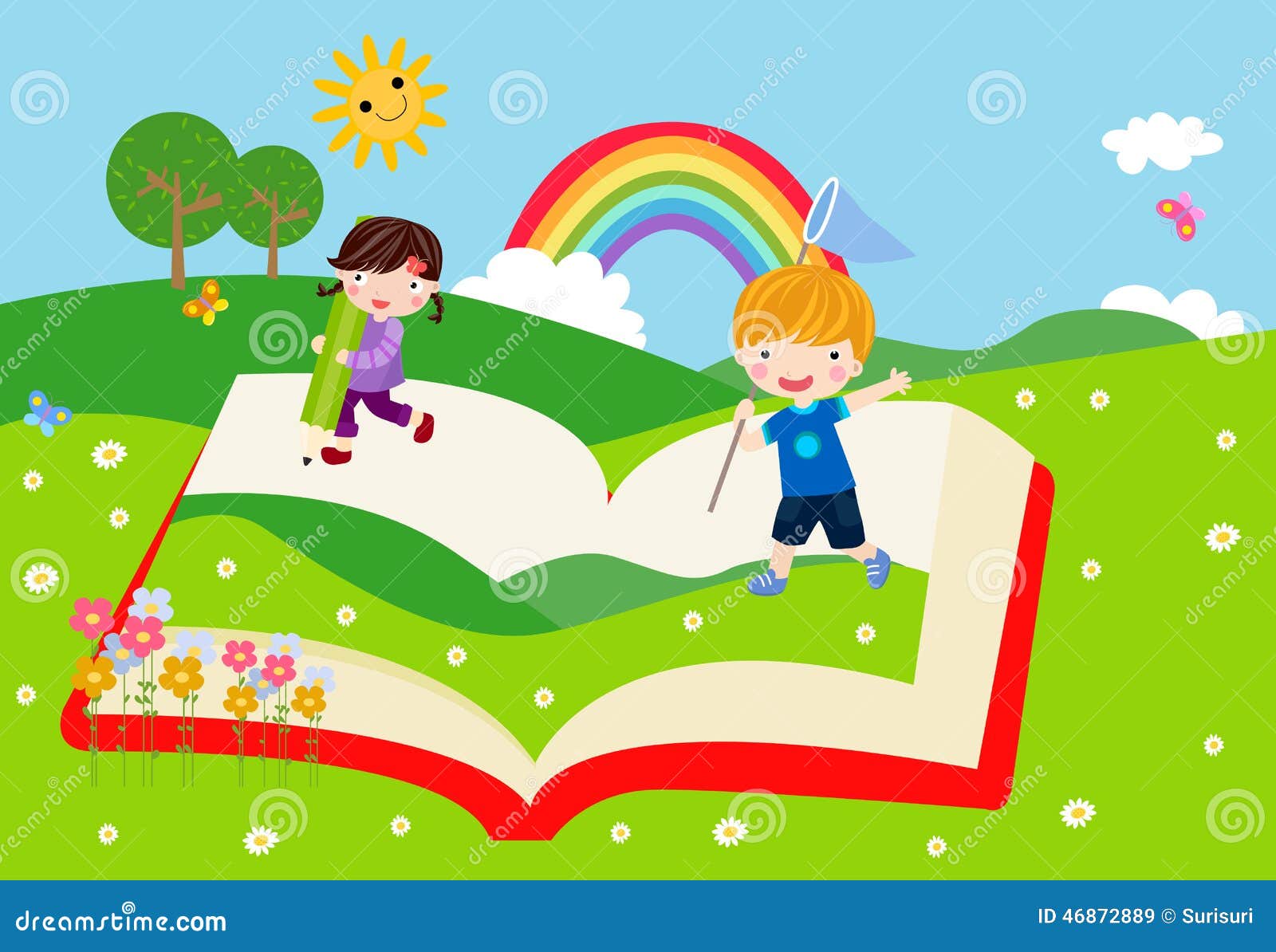 Happy children and book stock vector. Illustration of creative - 46872889