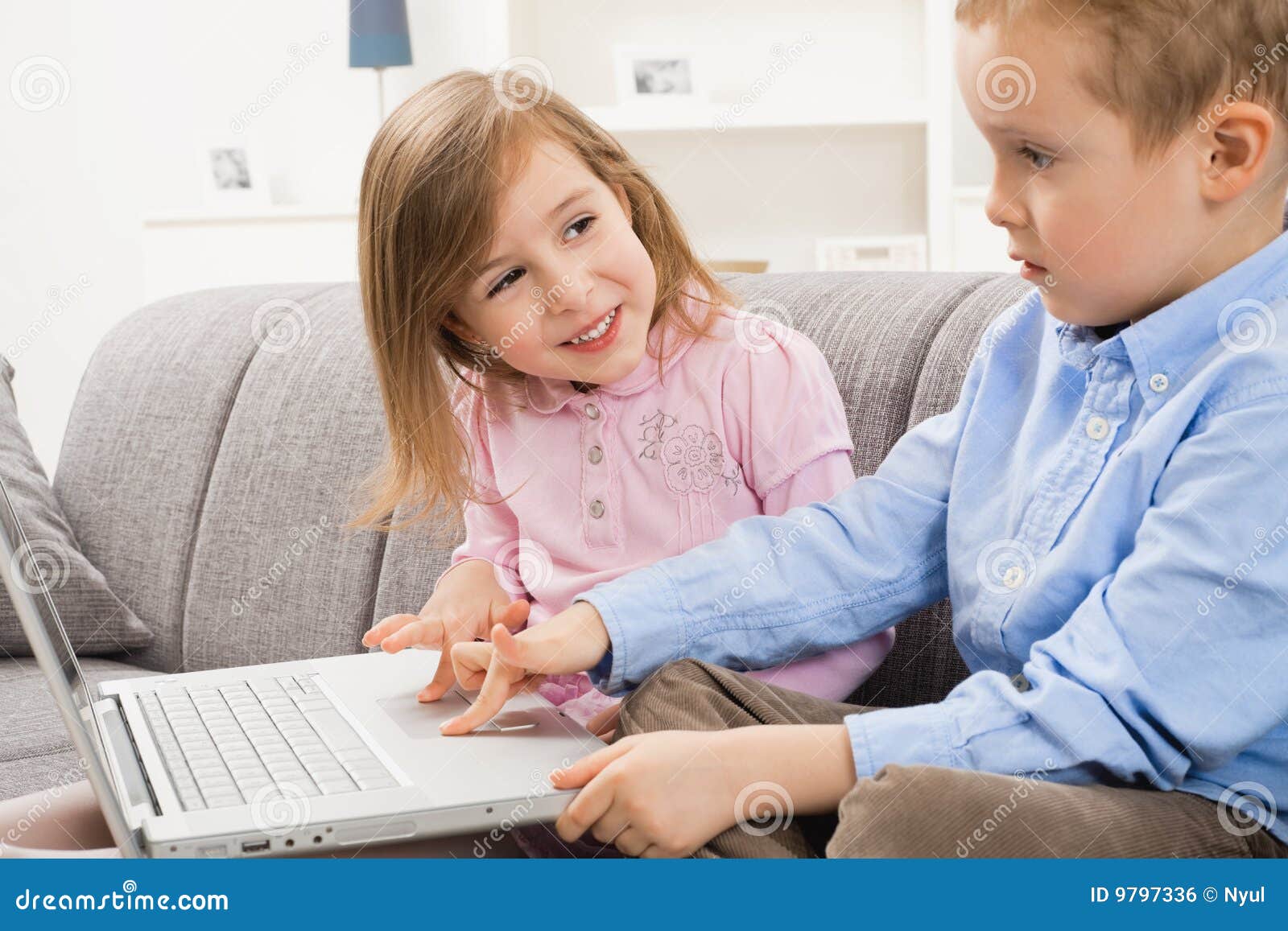 Happy Children Browsing Internet Stock Photo - Image of children, grey ...