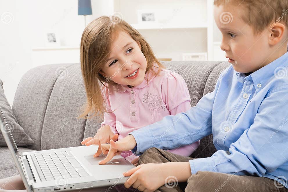 Happy Children Browsing Internet Stock Photo - Image of children, grey ...