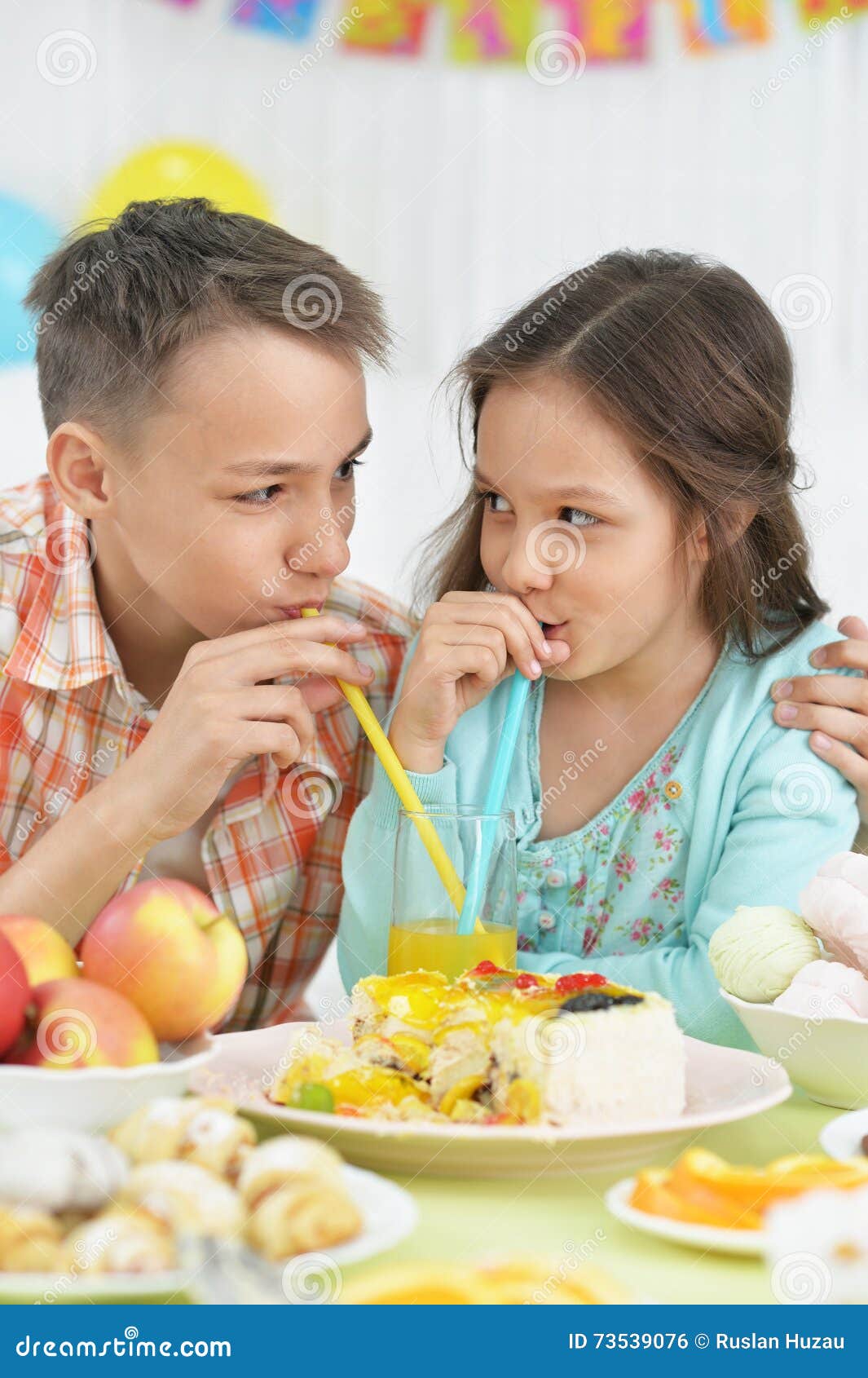 Happy children with cake stock photo. Image of festive - 73539076