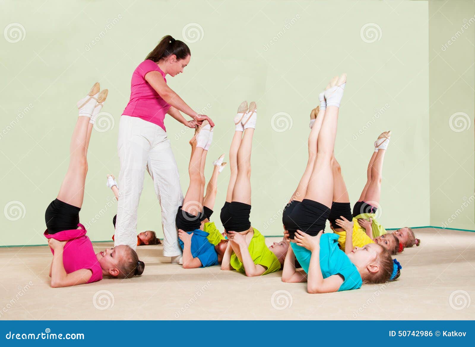 Happy Children with Coach in Gym Stock Photo - Image of joyful ...