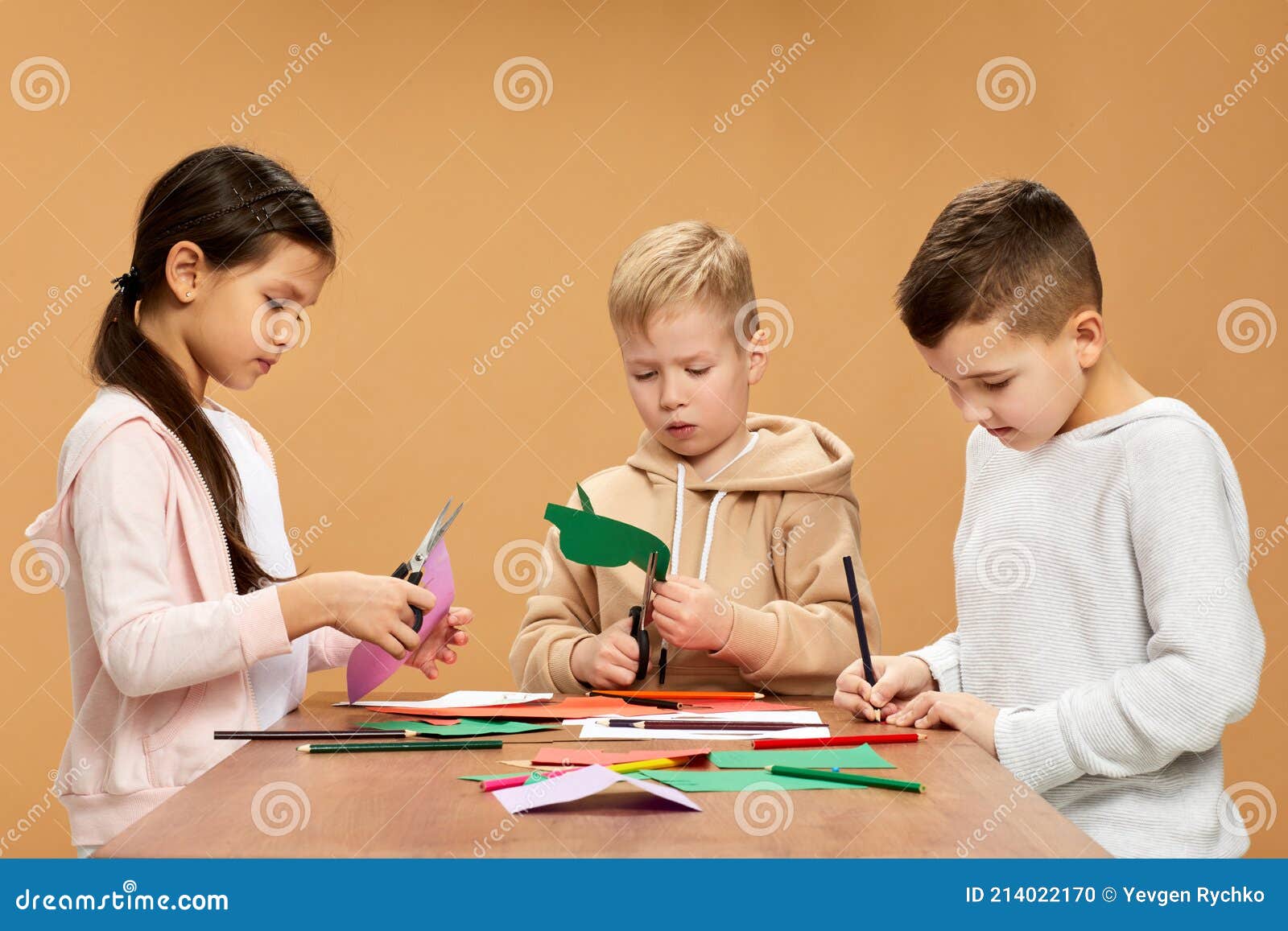 Happy Children Cutting Colored Papers with Scissors Stock Photo - Image ...