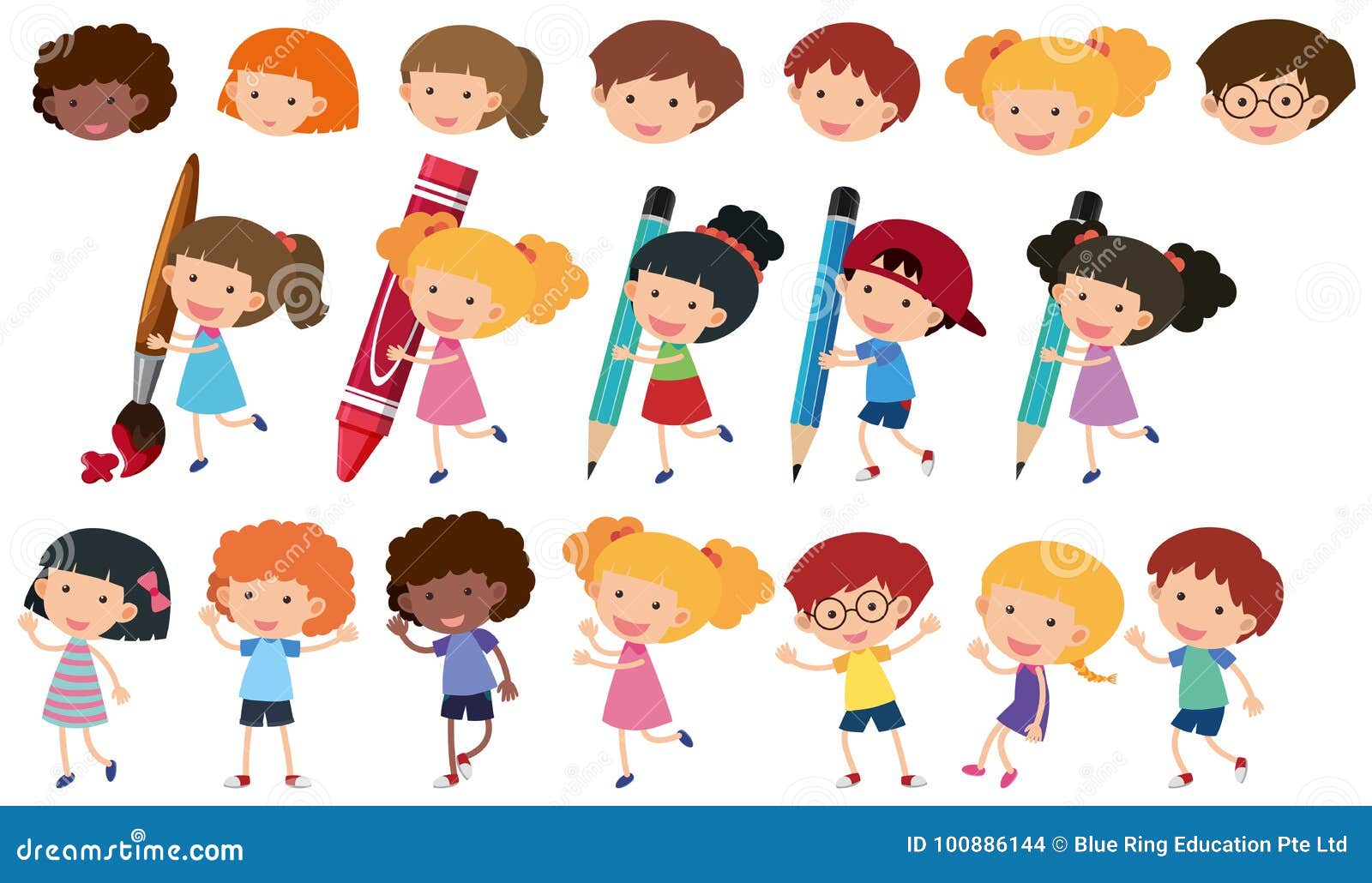Happy Children with Different Writing Tools Stock Vector - Illustration ...