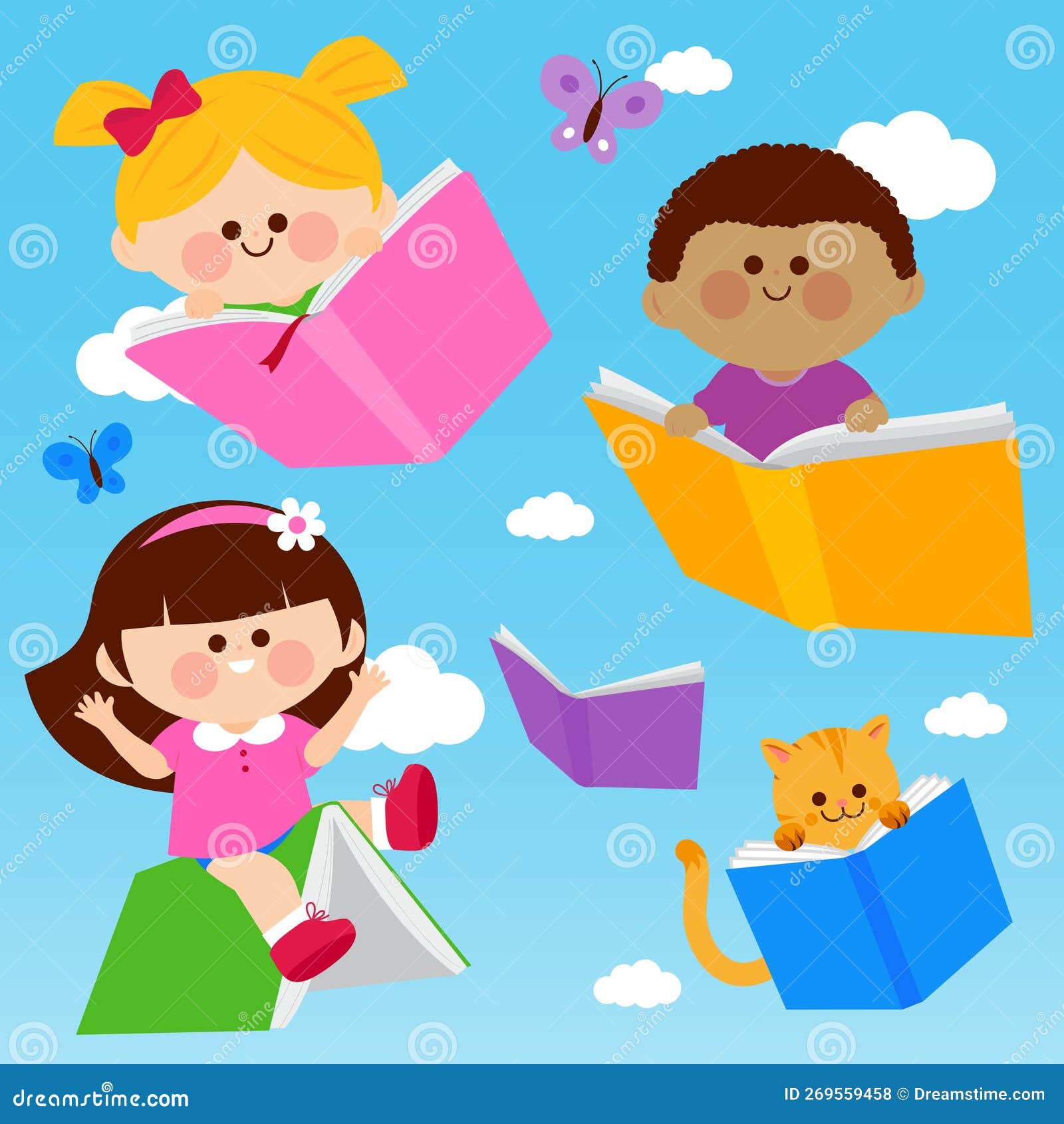 Happy Children Flying with Books in the Sky. Vector Illustration Stock ...