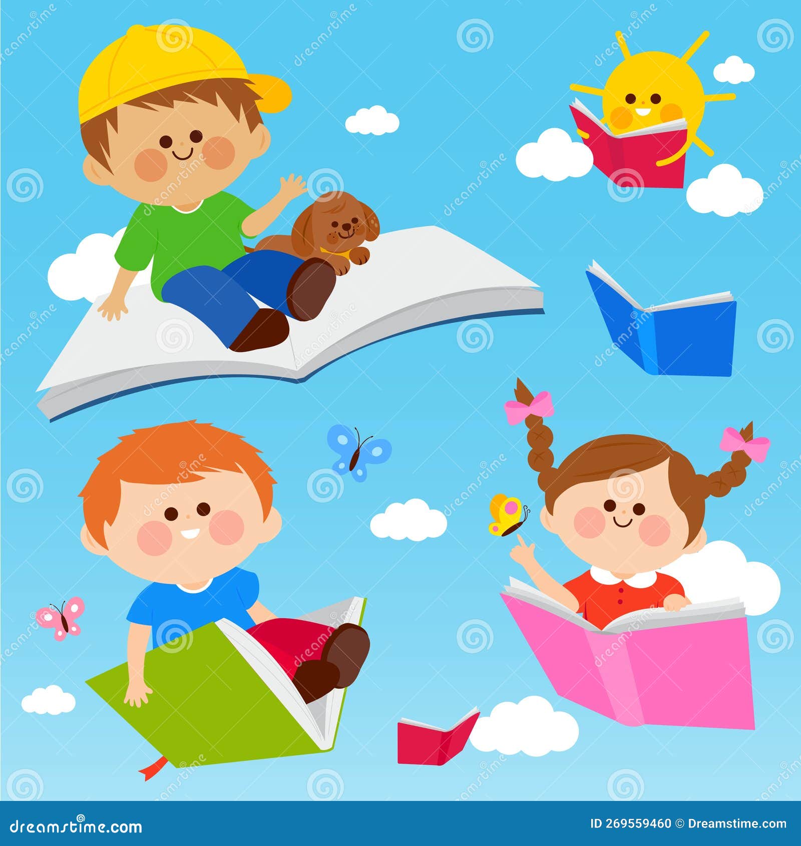 Happy Children Flying with Books in the Sky. Vector Illustration Stock ...