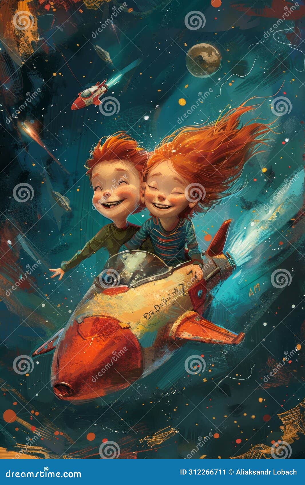Happy Children are Flying in Space on a Rocket. Illustration Stock ...