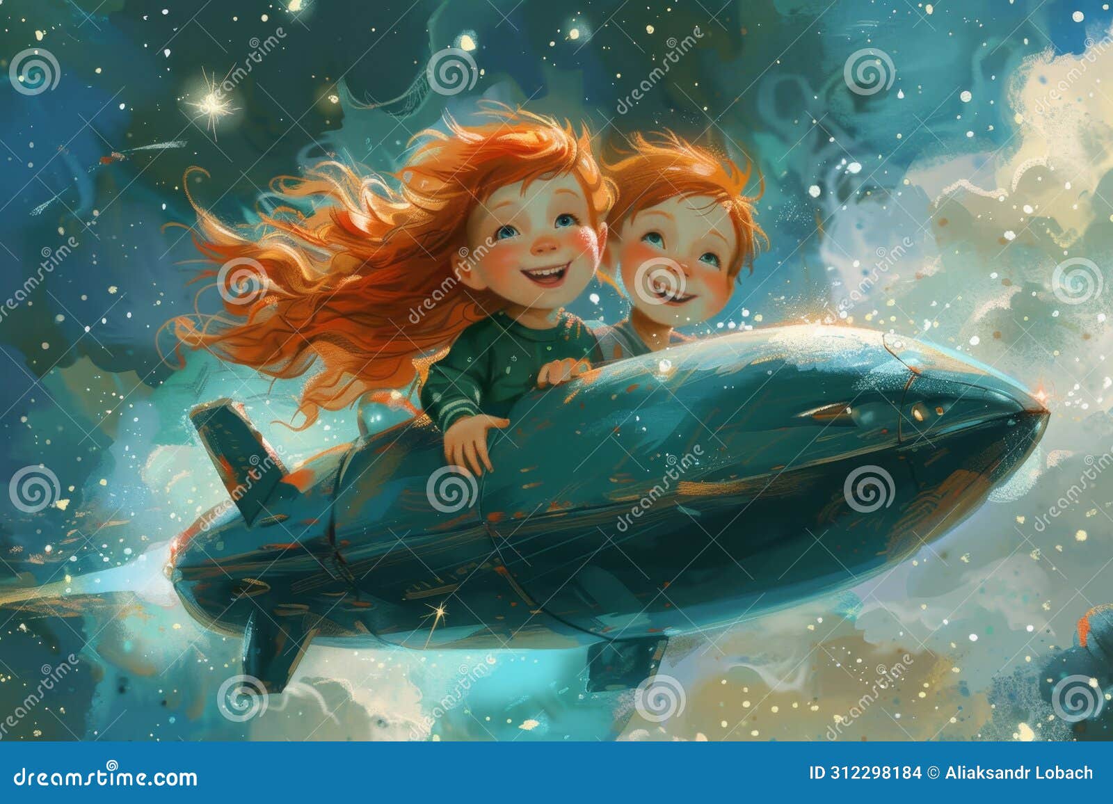 Happy Children are Flying in Space on a Rocket. Illustration Stock ...