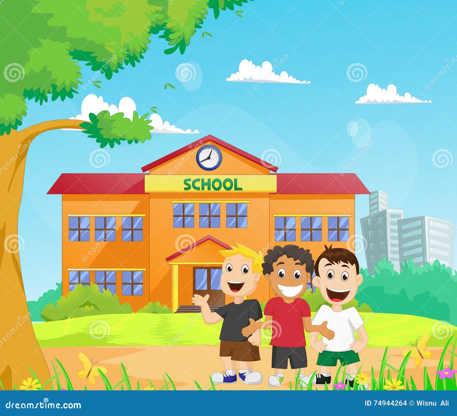 Happy Children In Front Of The School Building Vector Illustration ...