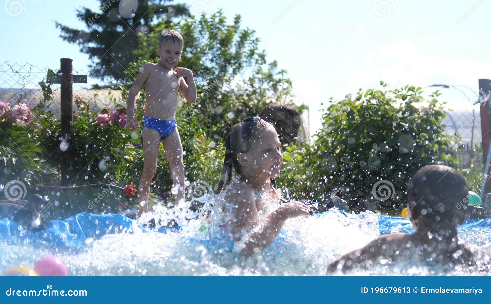 Happy Children Jumping in Outside Swimming Pool Stock Image - Image of ...